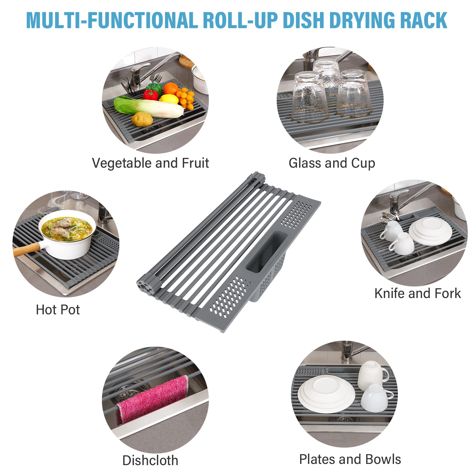 ATTSIL Roll-Up Dish Drying Rack, Multifunctional Rollable Over Sink Dish Rack with Utensil Holder, Foldable Silicone Wrapped Steel Drain Rack for Kitchen Sink Counter, 16.85"(L) x 12"(W)
