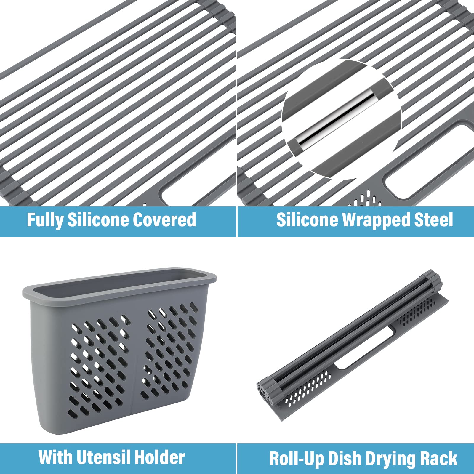 ATTSIL Roll-Up Dish Drying Rack, Multifunctional Rollable Over Sink Dish Rack with Utensil Holder, Foldable Silicone Wrapped Steel Drain Rack for Kitchen Sink Counter, 16.85"(L) x 12"(W)