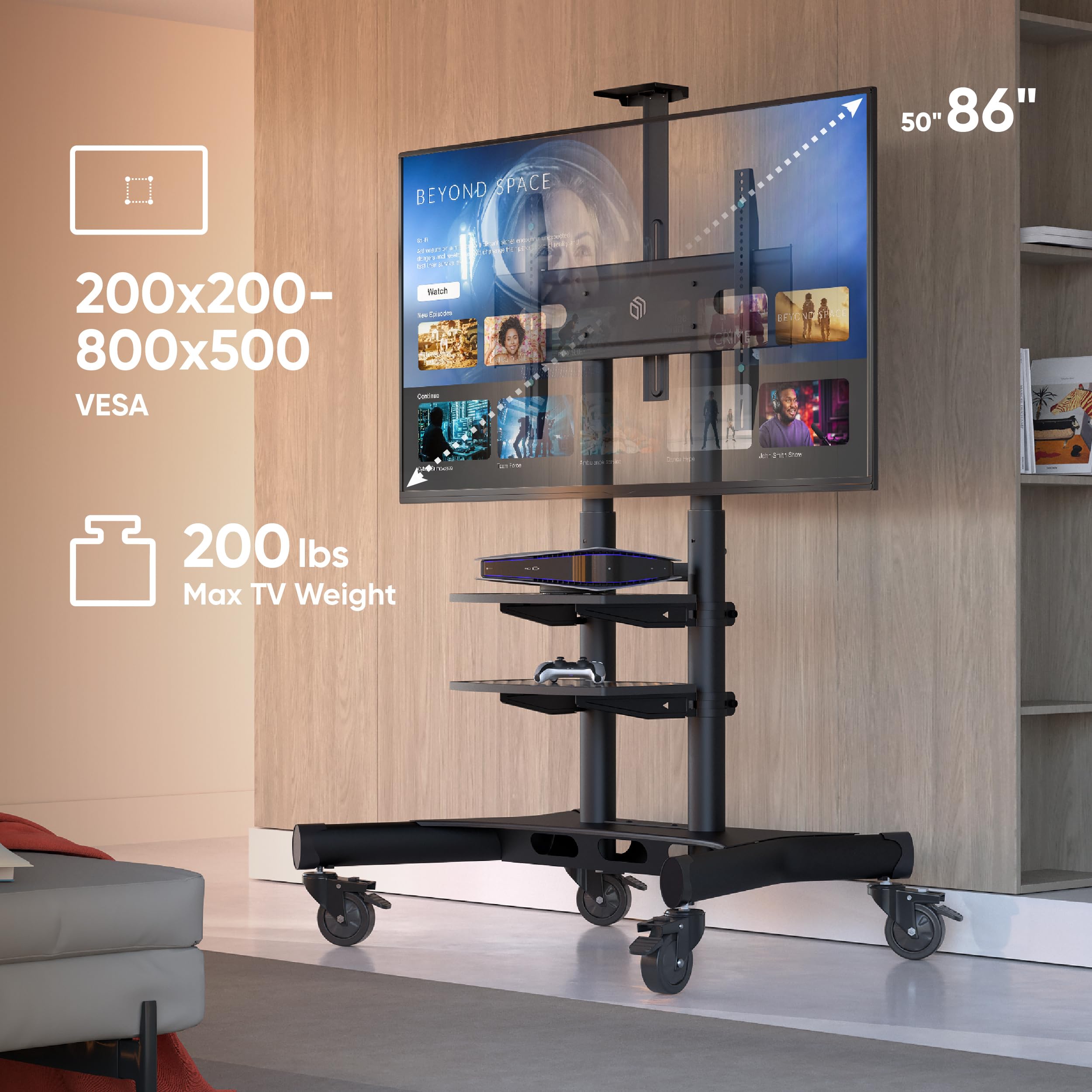 ONKRON Mobile TV Stand with Wheels Rolling TV Stand for 40-65 Inch LED LCD Flat or Curved Screen TVs up to 100 lbs - Height Adjustable TV Cart with Shelves - max VESA 600x400 (TS1351) Black