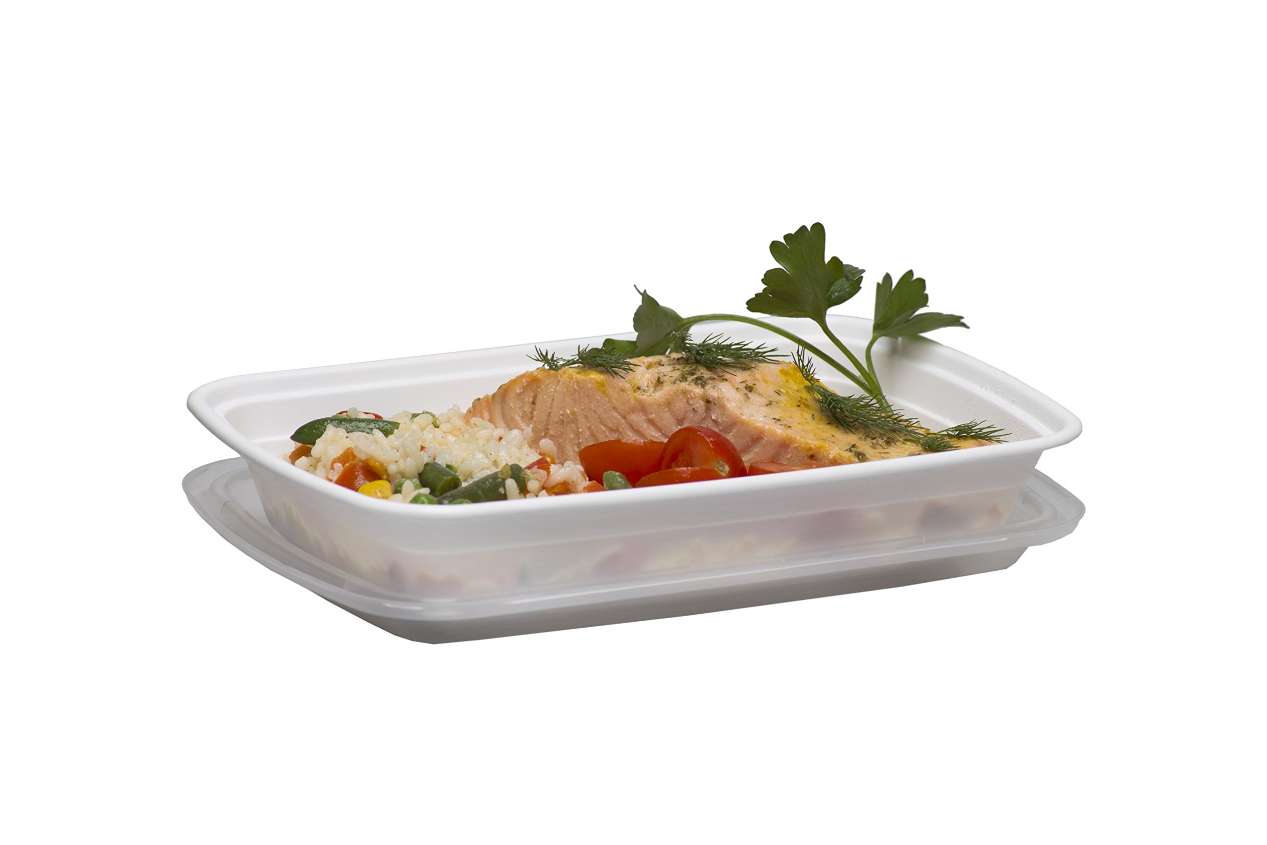 SafePro 28 oz. White Rectangular Microwavable Container with Clear Lid, Bento Lunch Box, Plastic Take-Out Food Containers (Case of 50)