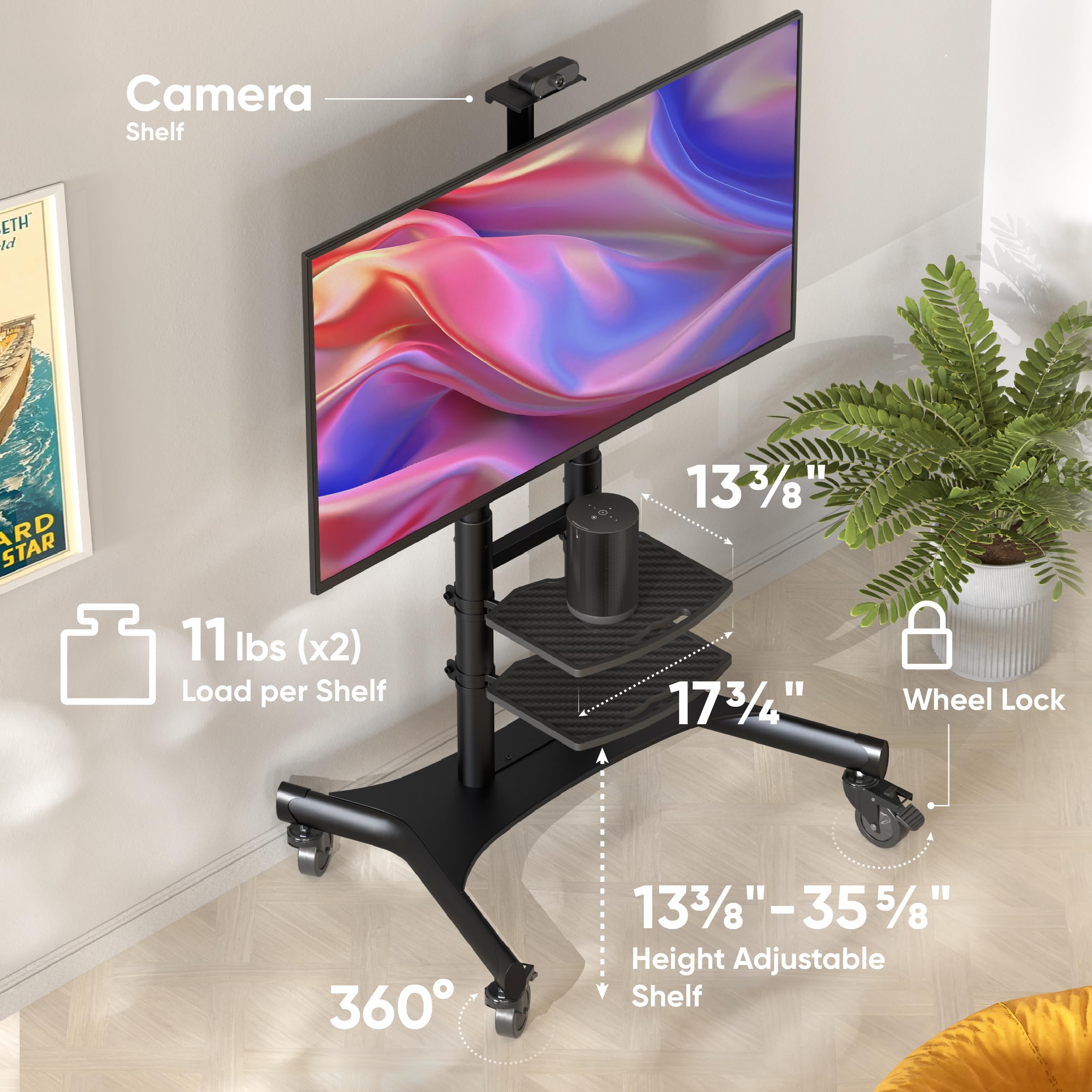 ONKRON Mobile TV Stand with Wheels Rolling TV Stand for 40-65 Inch LED LCD Flat or Curved Screen TVs up to 100 lbs - Height Adjustable TV Cart with Shelves - max VESA 600x400 (TS1351) Black