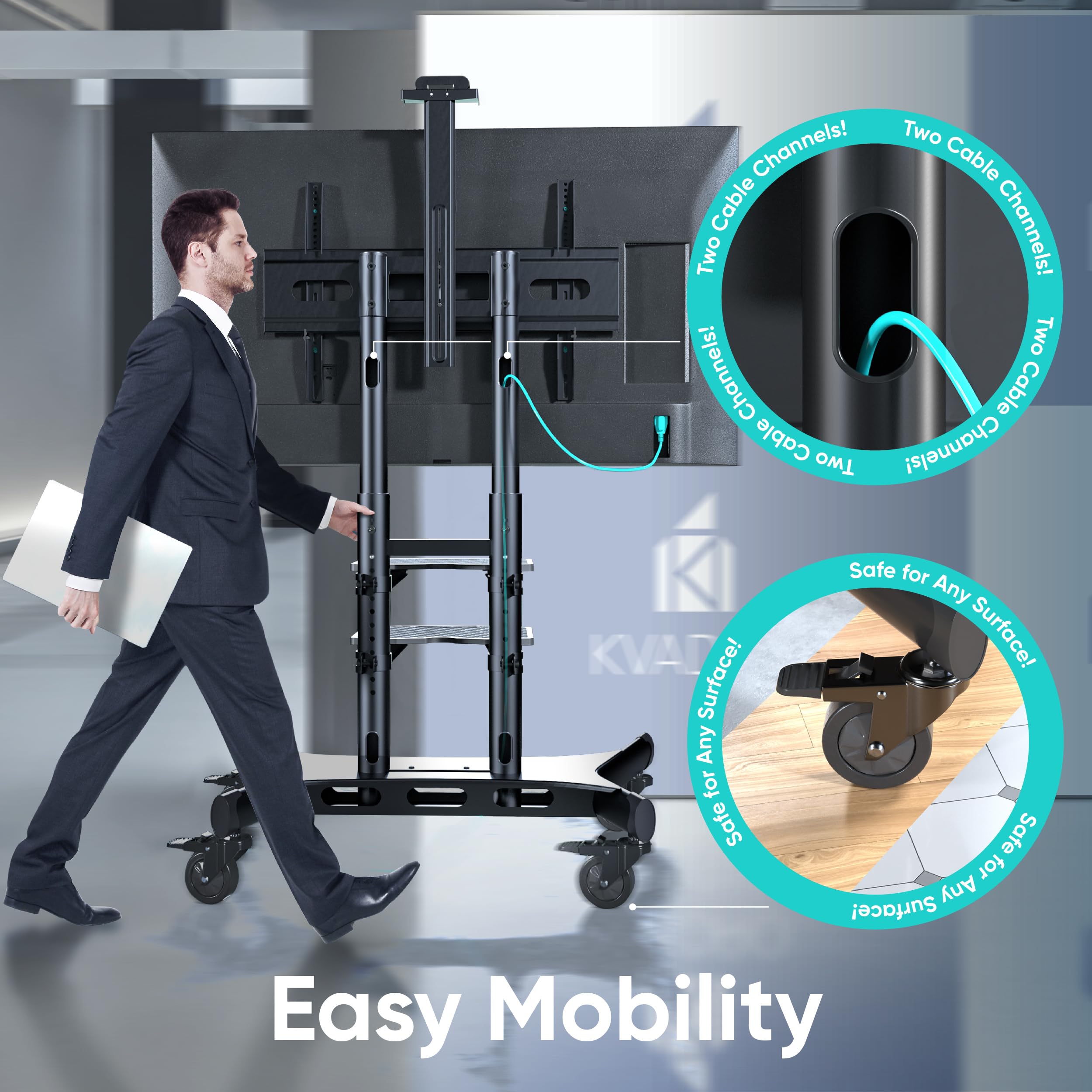 ONKRON Mobile TV Stand with Wheels Rolling TV Stand for 40-65 Inch LED LCD Flat or Curved Screen TVs up to 100 lbs - Height Adjustable TV Cart with Shelves - max VESA 600x400 (TS1351) Black