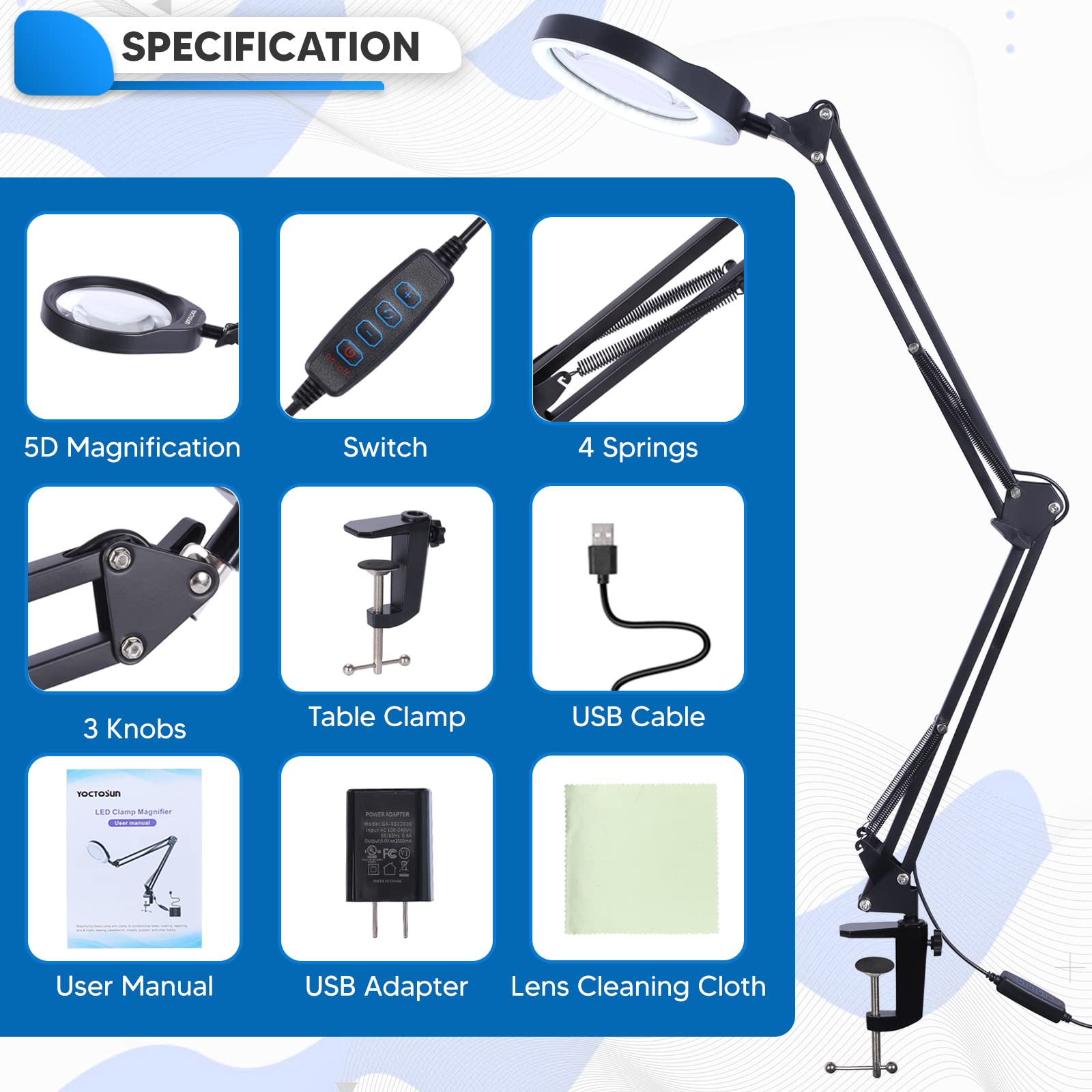 YOCTOSUN Magnifying Glass with Light and Stand, 5 Inch K9 Optical Glass Lens,3 Color Modes Stepless Dimmable, Adjustable Swivel Arm Lighted Magnifier Lamp for Reading, Painting,Crafts,Close Work