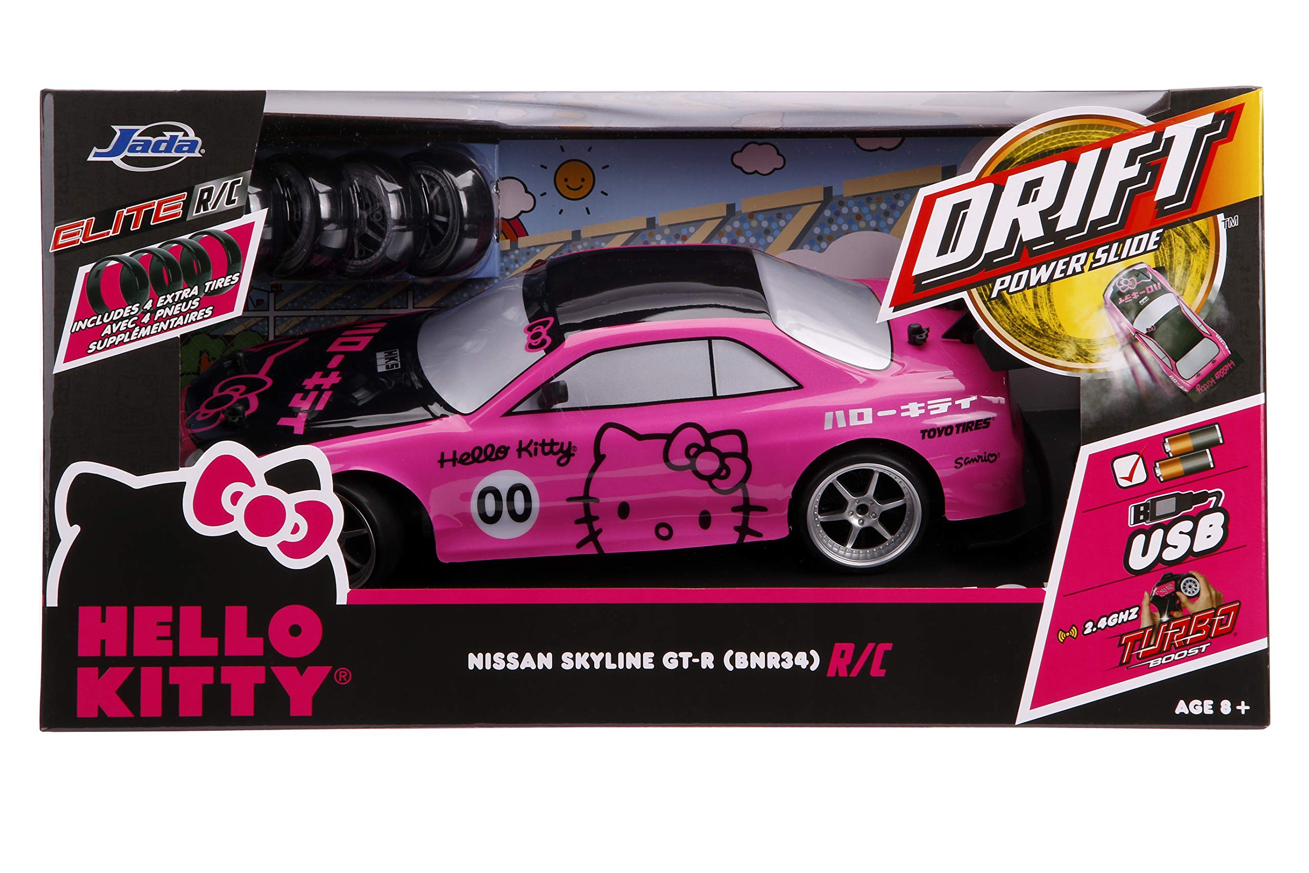 Jada Toys Hello Kitty Nissan Skyline GT-R (Bnr34) Drift Power Slide Elite R/C, USB Charging, with 4 Extra Tires, Pink