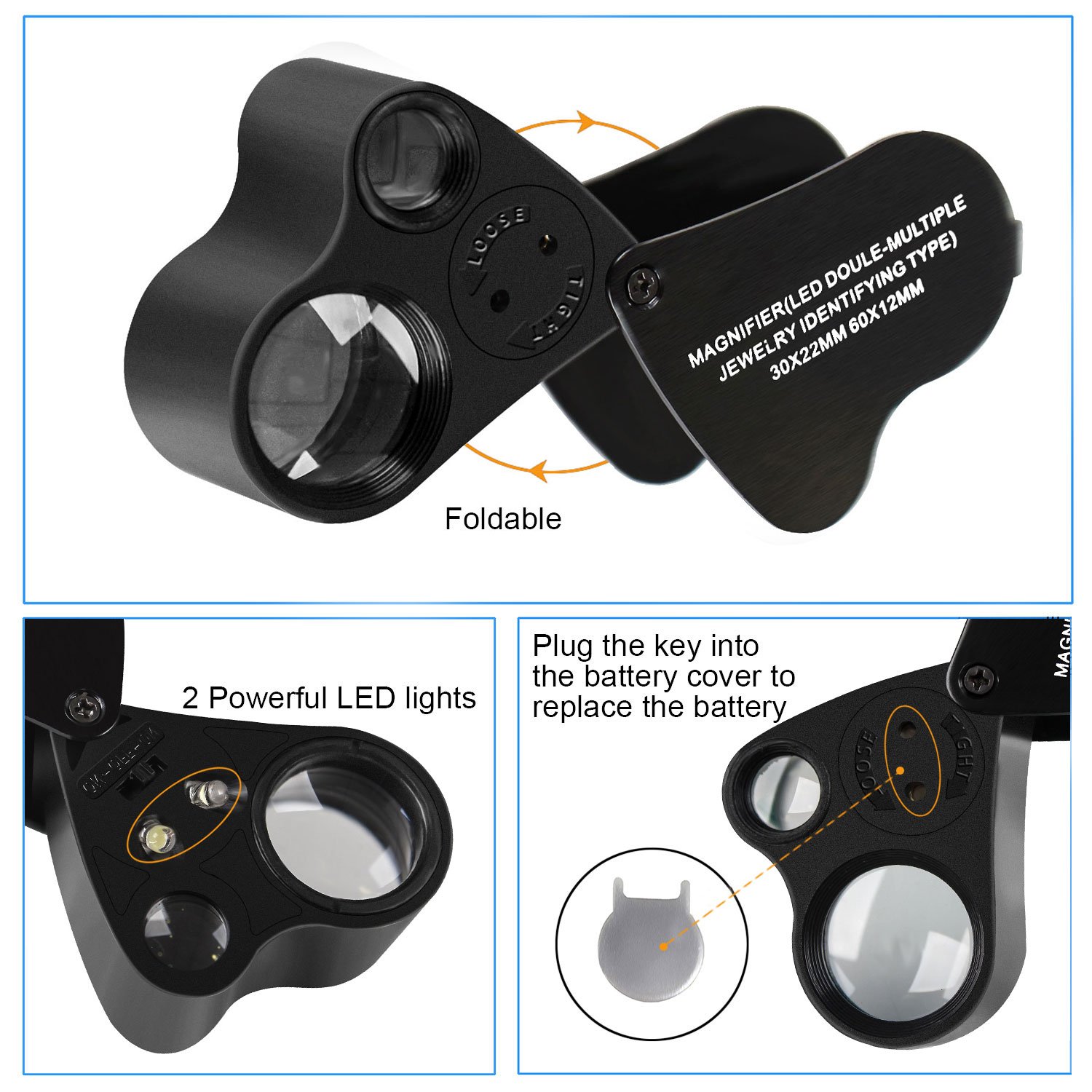JARLINK 2 Pack 30X 60X Illuminated Jewelers Eye Loupe Magnifier, Foldable Jewelry Magnifiers with Bright LED Light for Gems, Jewelry, Coins, Stamps, etc (White & Black)