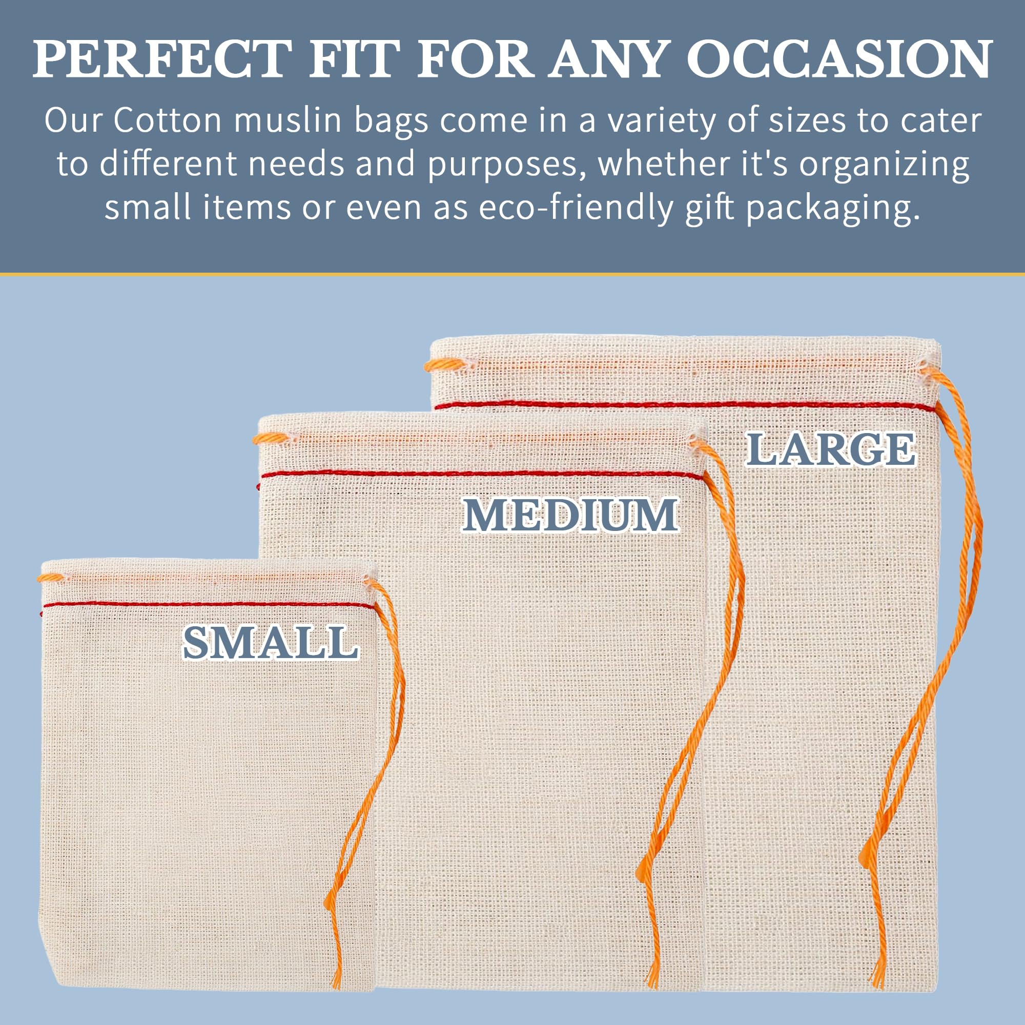 Made in the USA Cotton Muslin Drawstring Bags 50 (Red Hem Orange Drawstring, 4x6)