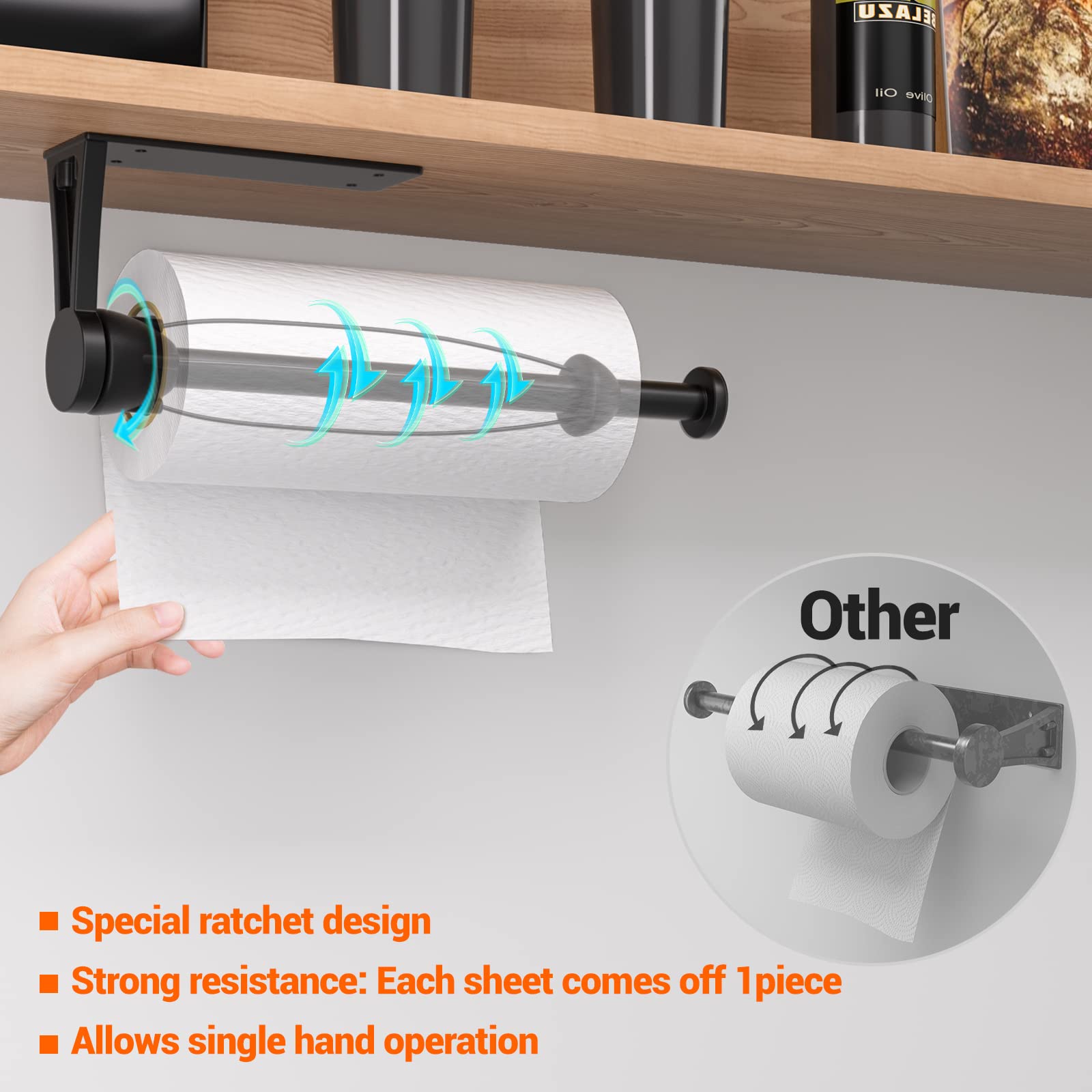 Single Hand Operable Paper Towel Holder Under Cabinet with Damping Effect for Kichen Bathroom(Black)…