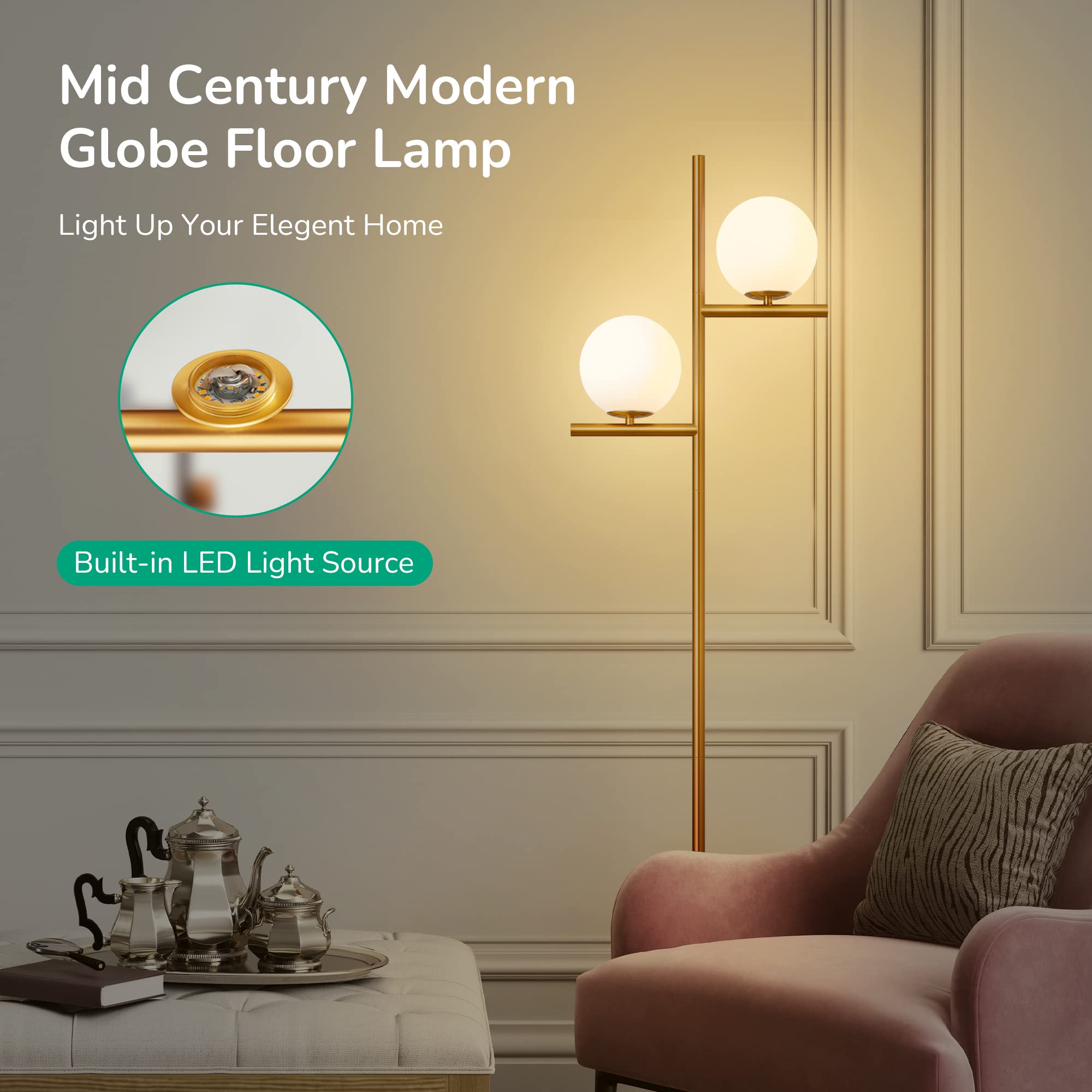 EDISHINE Dimmable Globe Floor Lamp, Mid Century Modern 2 Frosted Glass Globe Standing Lamps for Living Room, Stepless Dimming, Contemporary Brass Tall Pole Light for Bedroom, Study Room, Hotel-Gold