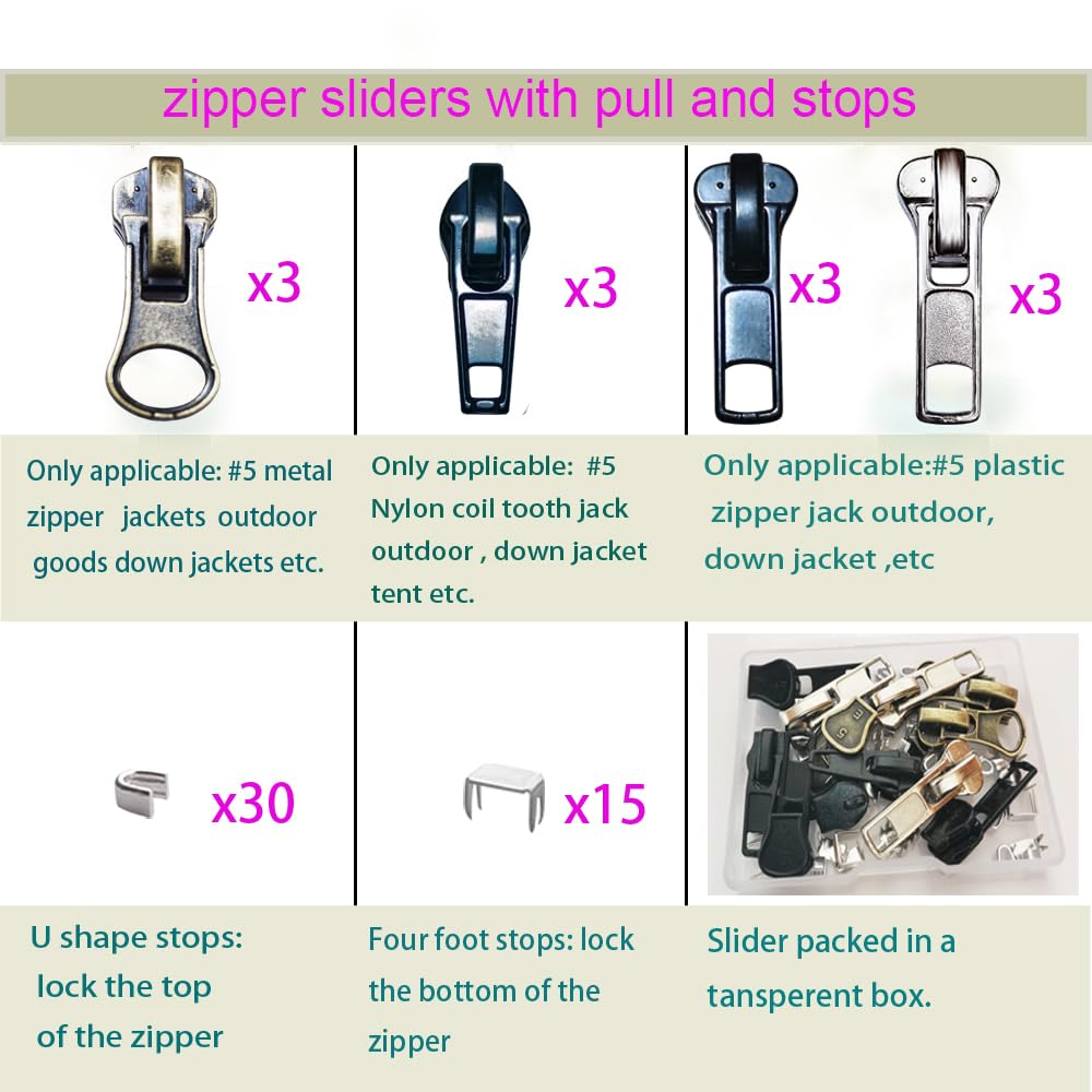 Zipper Pull 12 Pcs, Replacement Zipper Slider,Zipper Repair Kit #5, Fix Zipper Repair Kit for Repairing Coats ,Jackets , Metal Plastic and Nylon Coil Zippers.