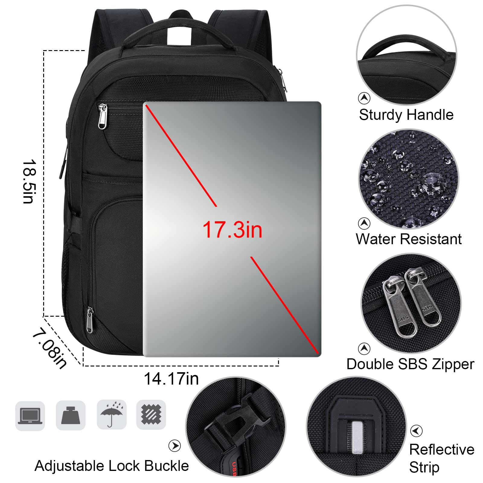 Laptop Backpack 17 Inch TSA Friendly Travel Backpack for Men & Women Large Waterproof Business College School Bookbag Gaming Computer Backpack with USB Charging Hole & RFID Blocking Pocket, Black