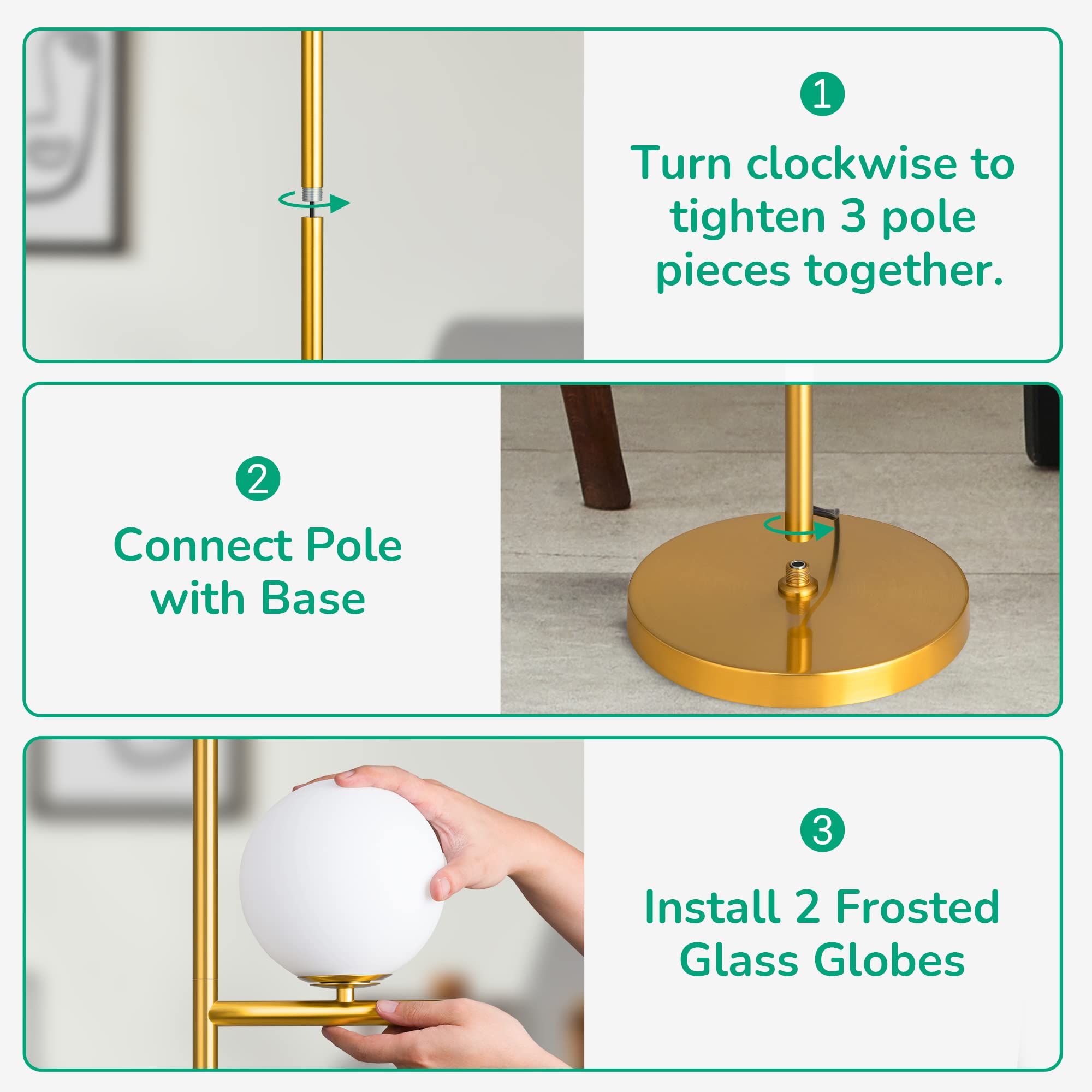 EDISHINE Dimmable Globe Floor Lamp, Mid Century Modern 2 Frosted Glass Globe Standing Lamps for Living Room, Stepless Dimming, Contemporary Brass Tall Pole Light for Bedroom, Study Room, Hotel-Gold