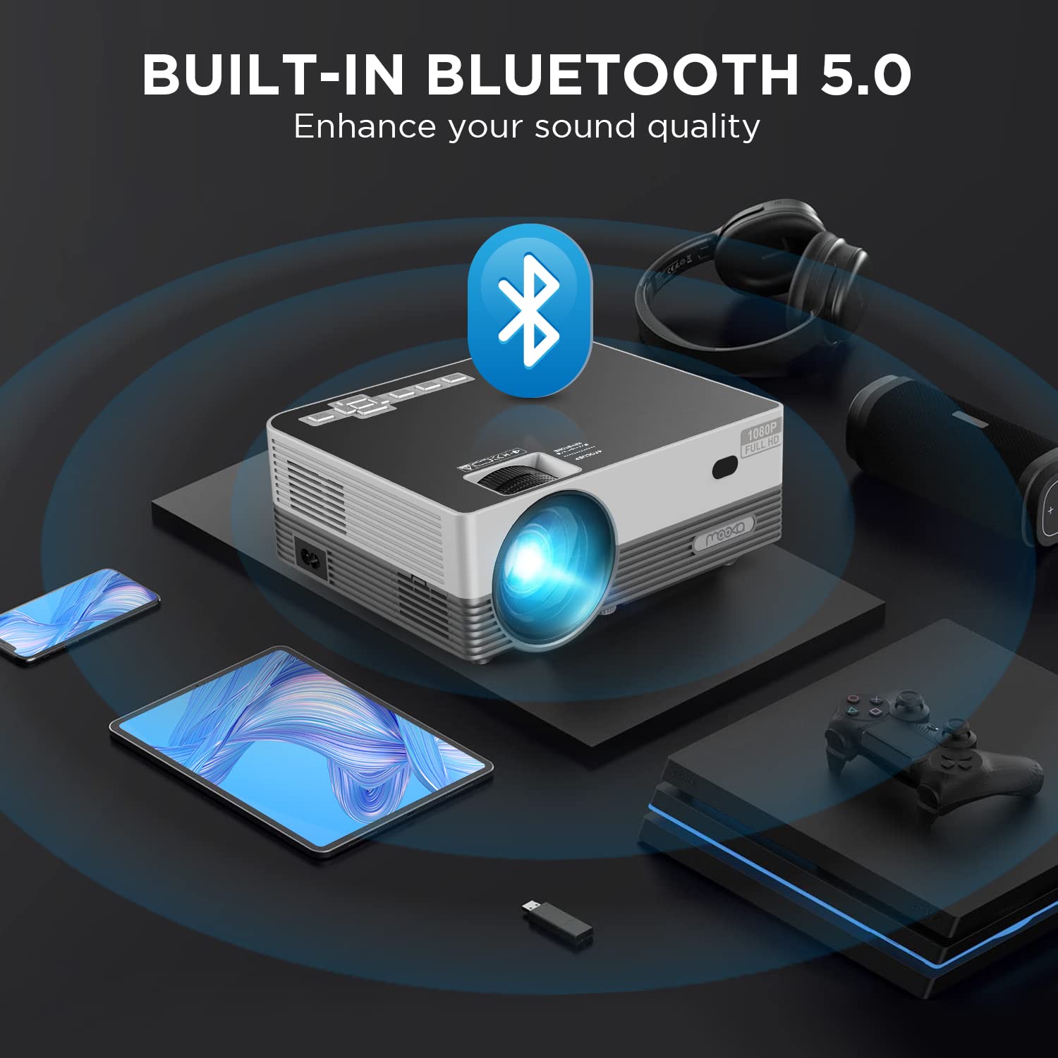 Native 1080P WiFi Bluetooth Projector, 8500L HD Video Mini Projector with Carrying Bag,Support 4K & 300" Screen, Portable Outdoor Movie Projector for TV Stick, HDMI, AUX, PS4, Laptop, Phone