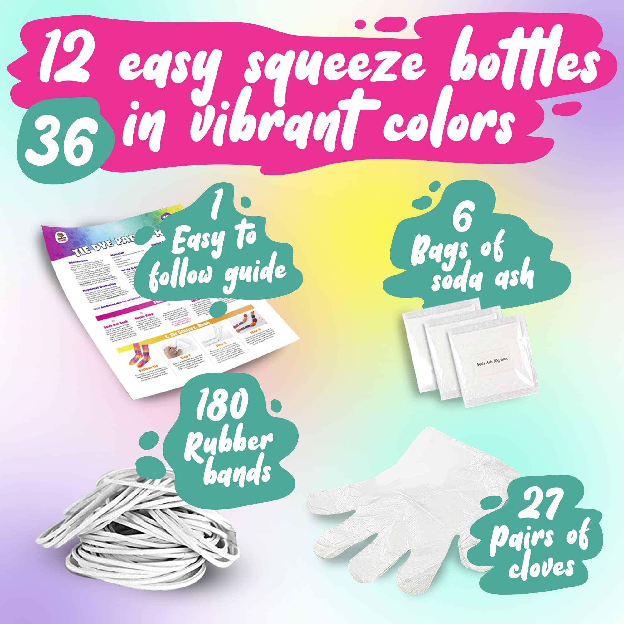 Tie Dye Kit for Kids & Adults - 12 Large Tye Dye Bottles with Tie Dye Powder, Soda Ash, Gloves - Non-Toxic Tyedyedye Kit - Decorating Dye for Clothes