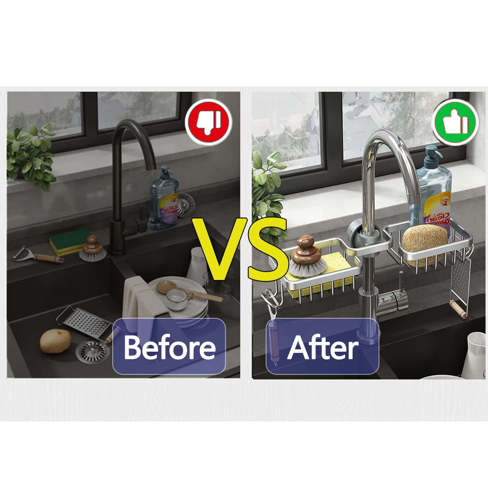 SIMCAS Sponge Holder for Kitchen Sink, Over The Sink Shelf Sponge Caddy, Stainless Detachable Faucet Drain Rack for Kitchen Sink Organizer and Storage, Bathroom (Double with Dishcloth Rack, Silver)