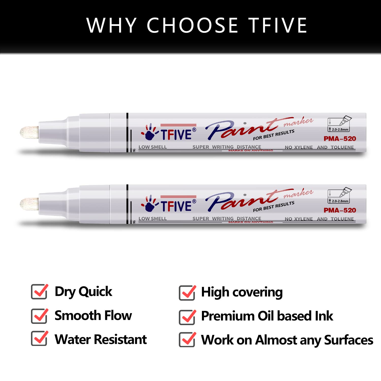 White Permanent Paint Marker Pens - 2 Count Oil Based Marker Pen, Medium Tip, Waterproof & Quick Dry, for Office, Art projects, Rock Painting, Ceramic, Glass, Wood, Plastic, Metal, Canvas