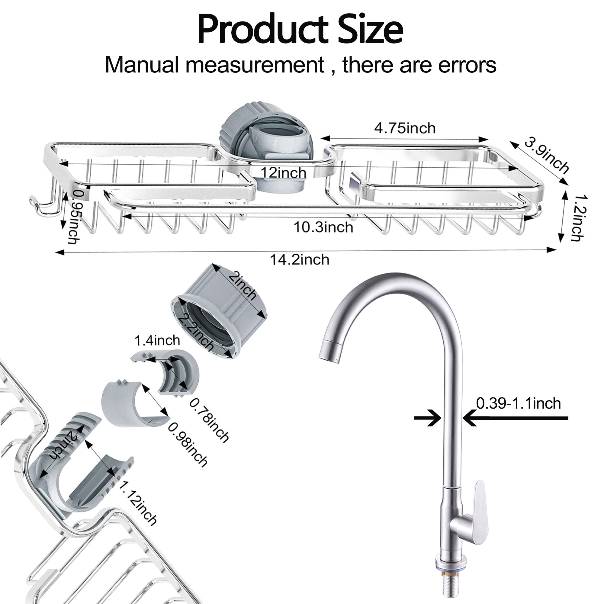 SIMCAS Sponge Holder for Kitchen Sink, Over The Sink Shelf Sponge Caddy, Stainless Detachable Faucet Drain Rack for Kitchen Sink Organizer and Storage, Bathroom (Double with Dishcloth Rack, Silver)