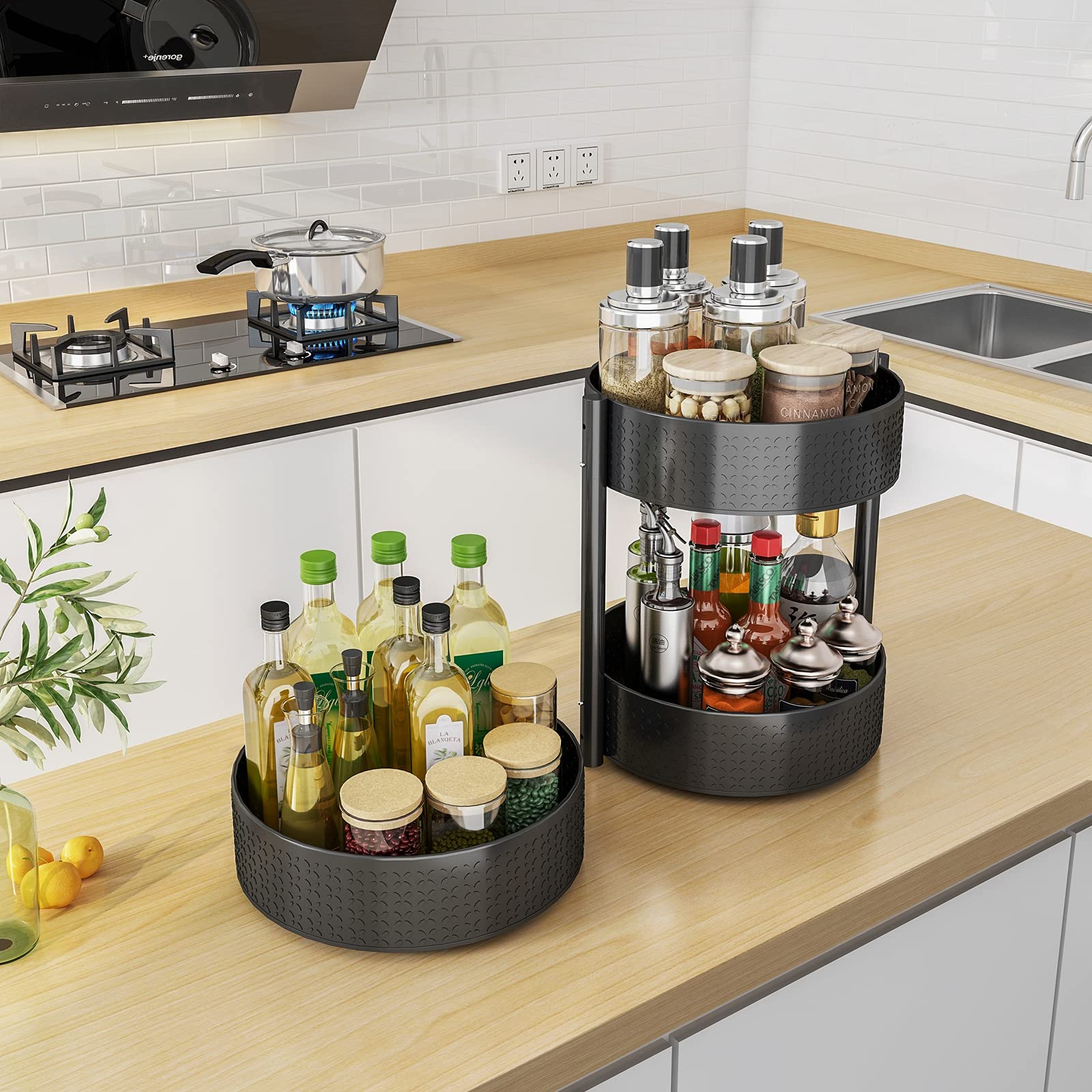 YunNasi Spinning Spice Rack Lazy Susan Rotating Spice Rack Carbon Steel Turntable Condiment Holder Detachable for Pantry Cabinet Cupboard (2 Tiers)