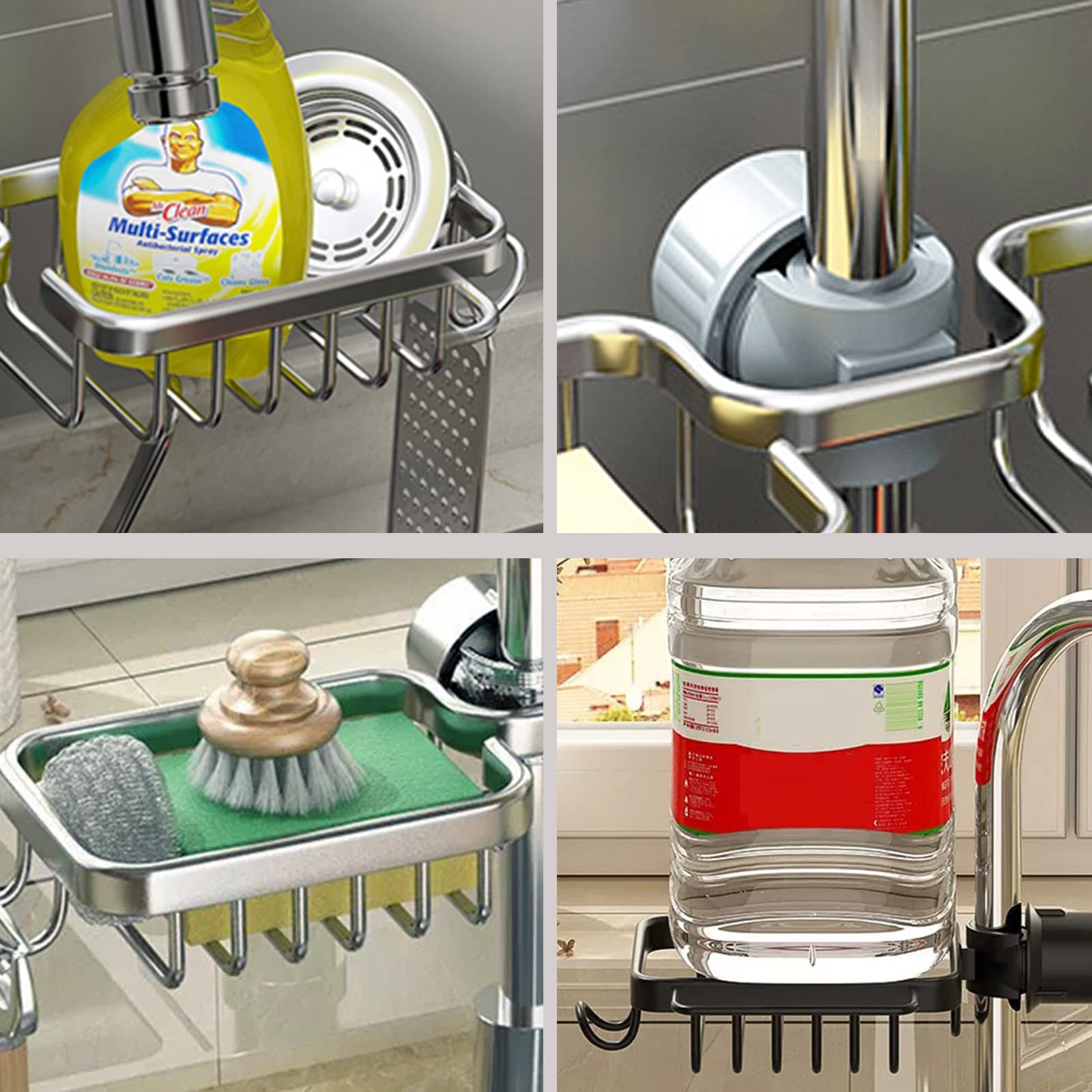 SIMCAS Sponge Holder for Kitchen Sink, Over The Sink Shelf Sponge Caddy, Stainless Detachable Faucet Drain Rack for Kitchen Sink Organizer and Storage, Bathroom (Double with Dishcloth Rack, Silver)
