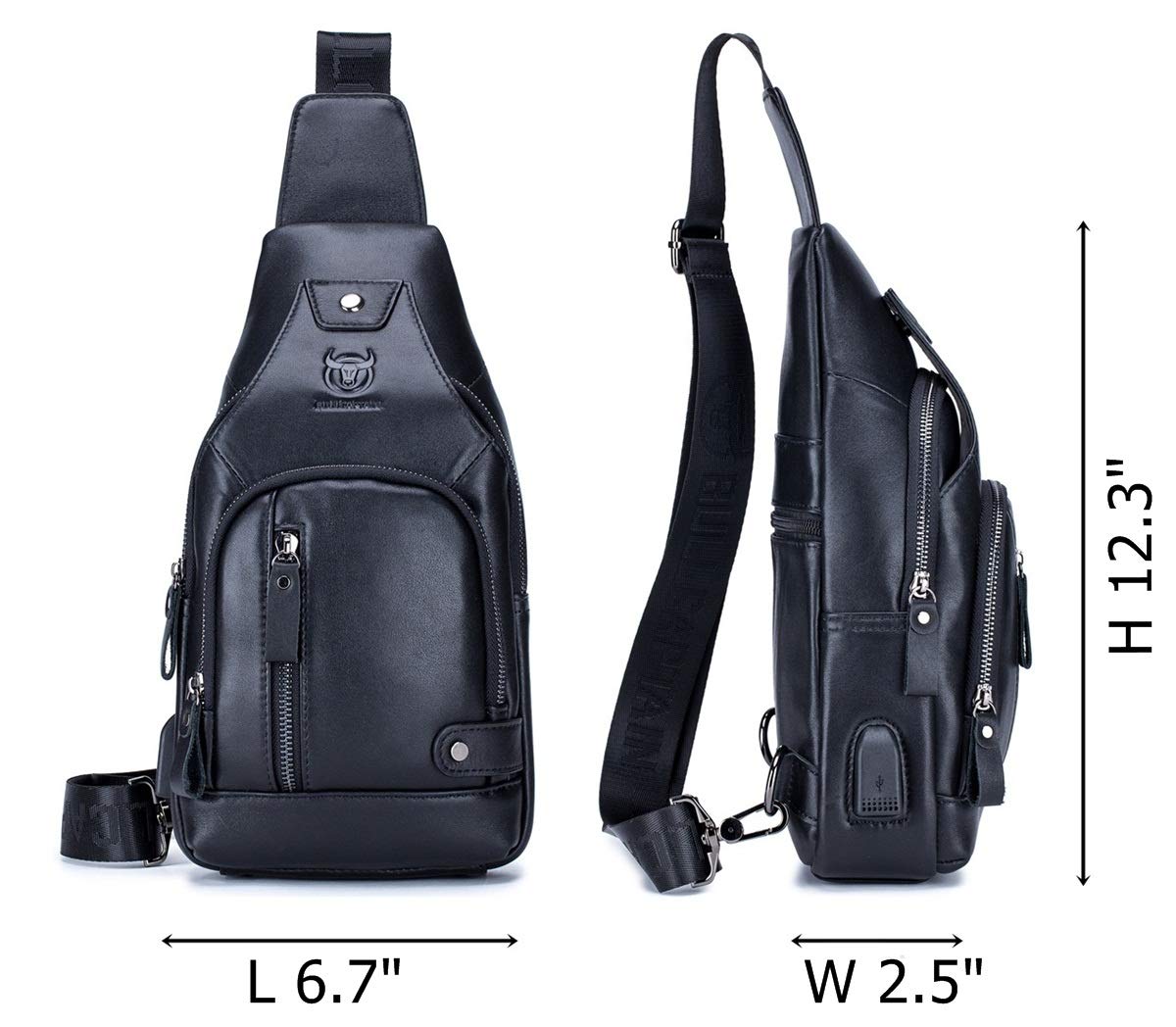 BULLCAPTAIN Men Sling Crossbody Bag with USB Charging Port Genuine Leather Shoulder Chest Bag Travel Hiking Backpack (Black)