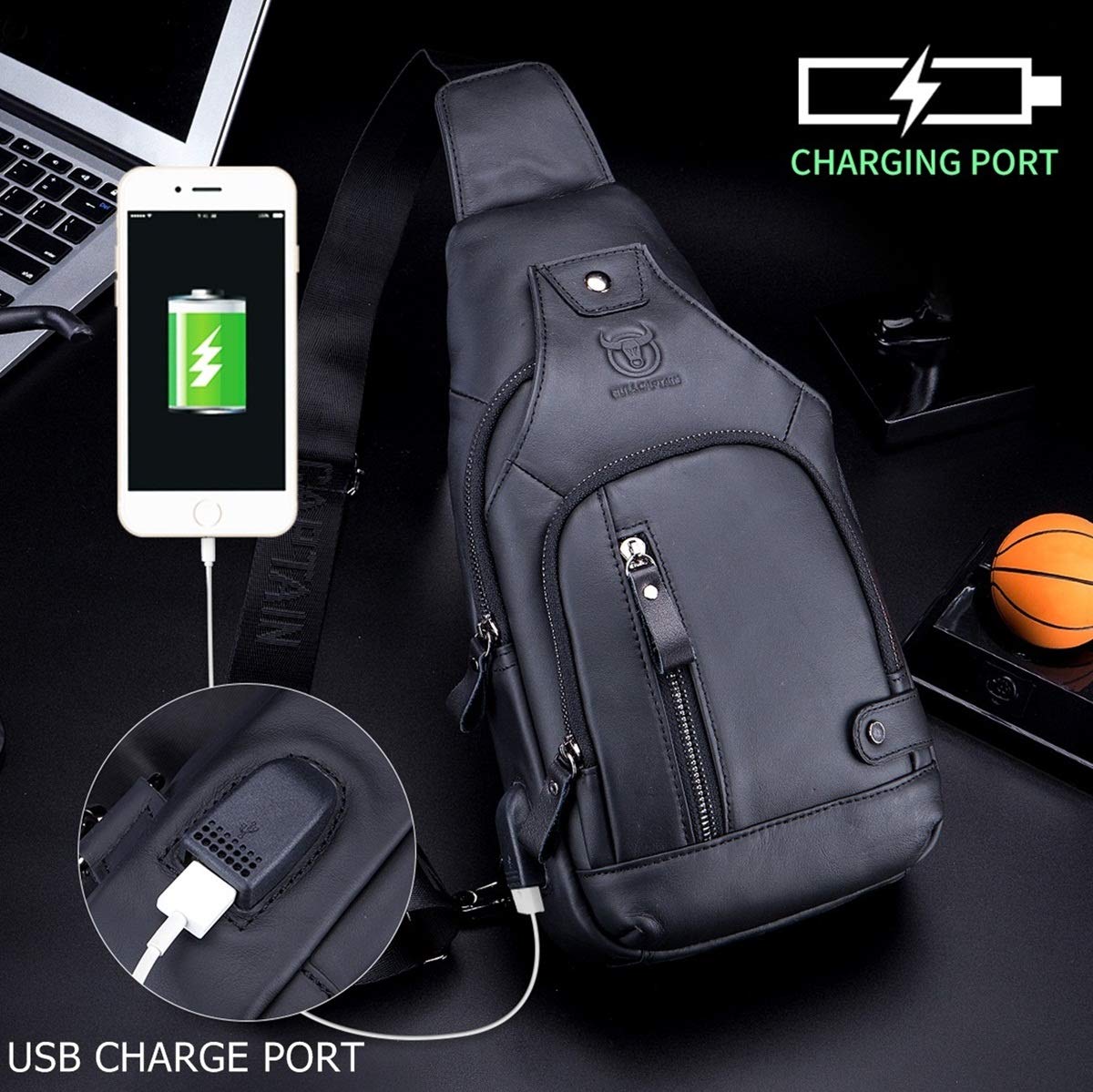BULLCAPTAIN Men Sling Crossbody Bag with USB Charging Port Genuine Leather Shoulder Chest Bag Travel Hiking Backpack (Black)