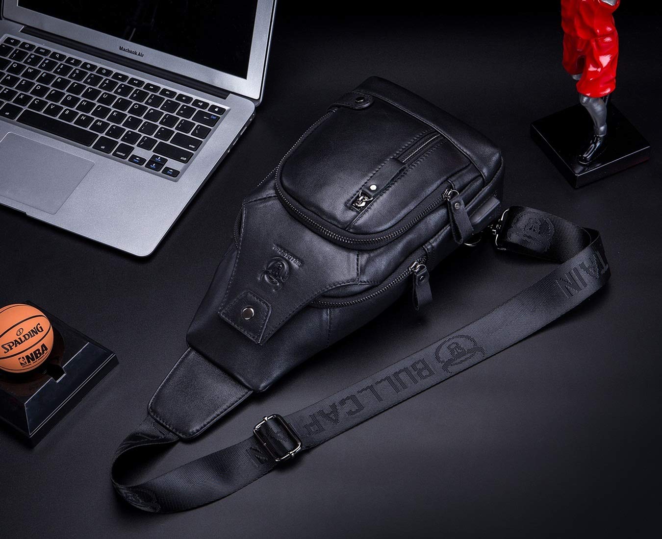 BULLCAPTAIN Men Sling Crossbody Bag with USB Charging Port Genuine Leather Shoulder Chest Bag Travel Hiking Backpack (Black)