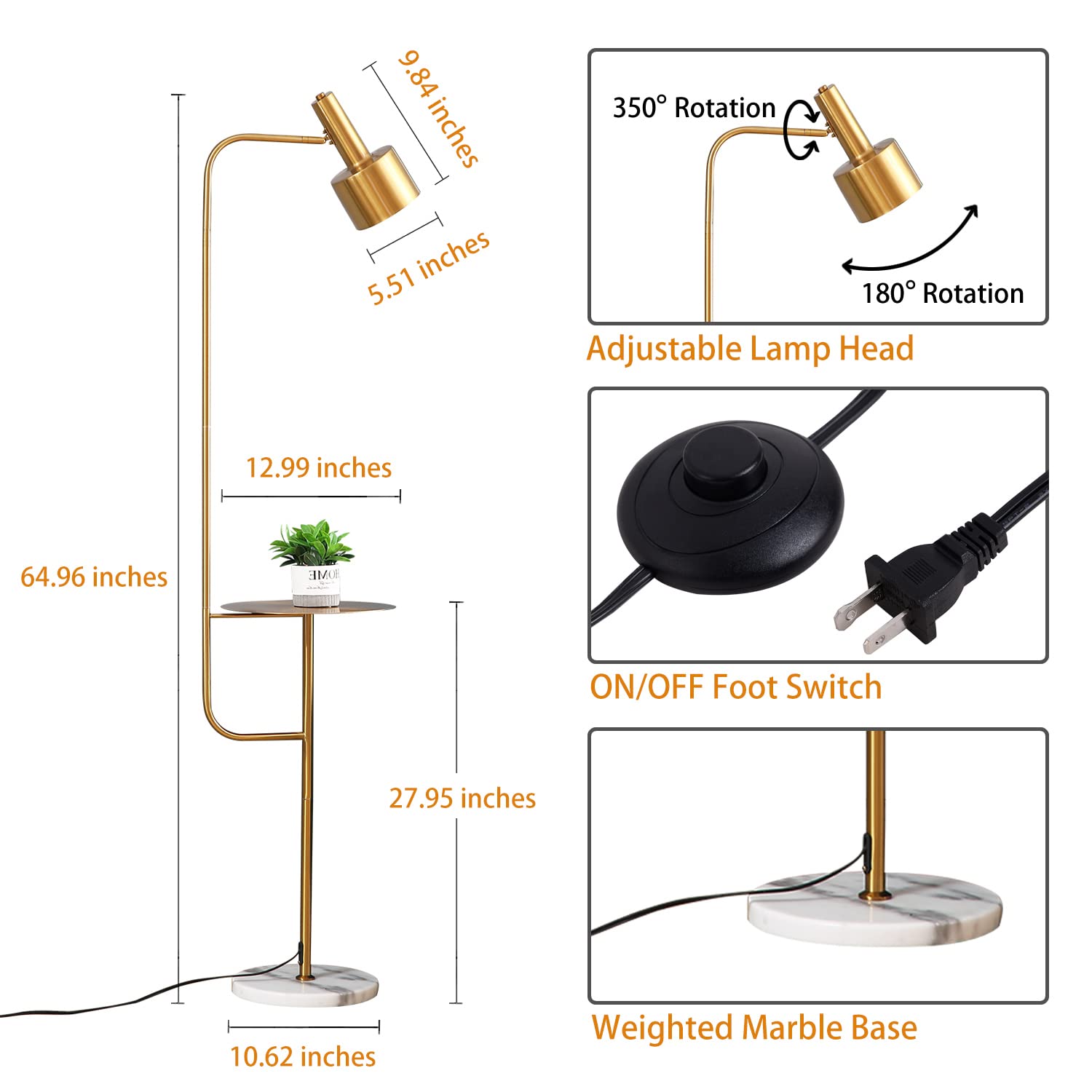 beaysyty Modern Simplicity with Tray Floor Lamp for Office Cafe Den Living Room Bedroom, On/Off Foot Switch and Brass/Gold Finish