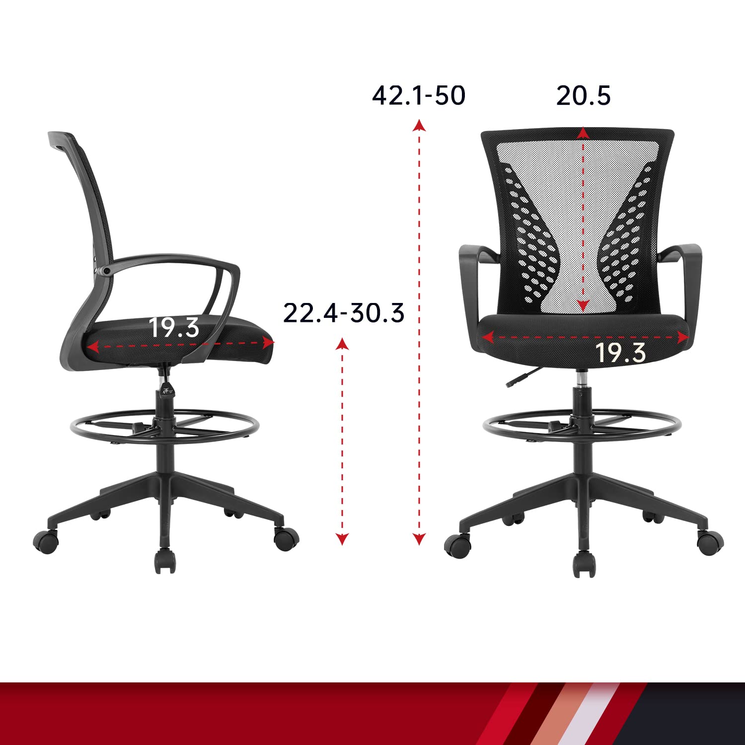 FDW Drafting Chair Tall Office Chair Ergonomic Office Chairs Adjustable Height Rolling Swivel Computer Task Chair Mesh Desk Chair with Arms Foot Rest Back Support (Black)