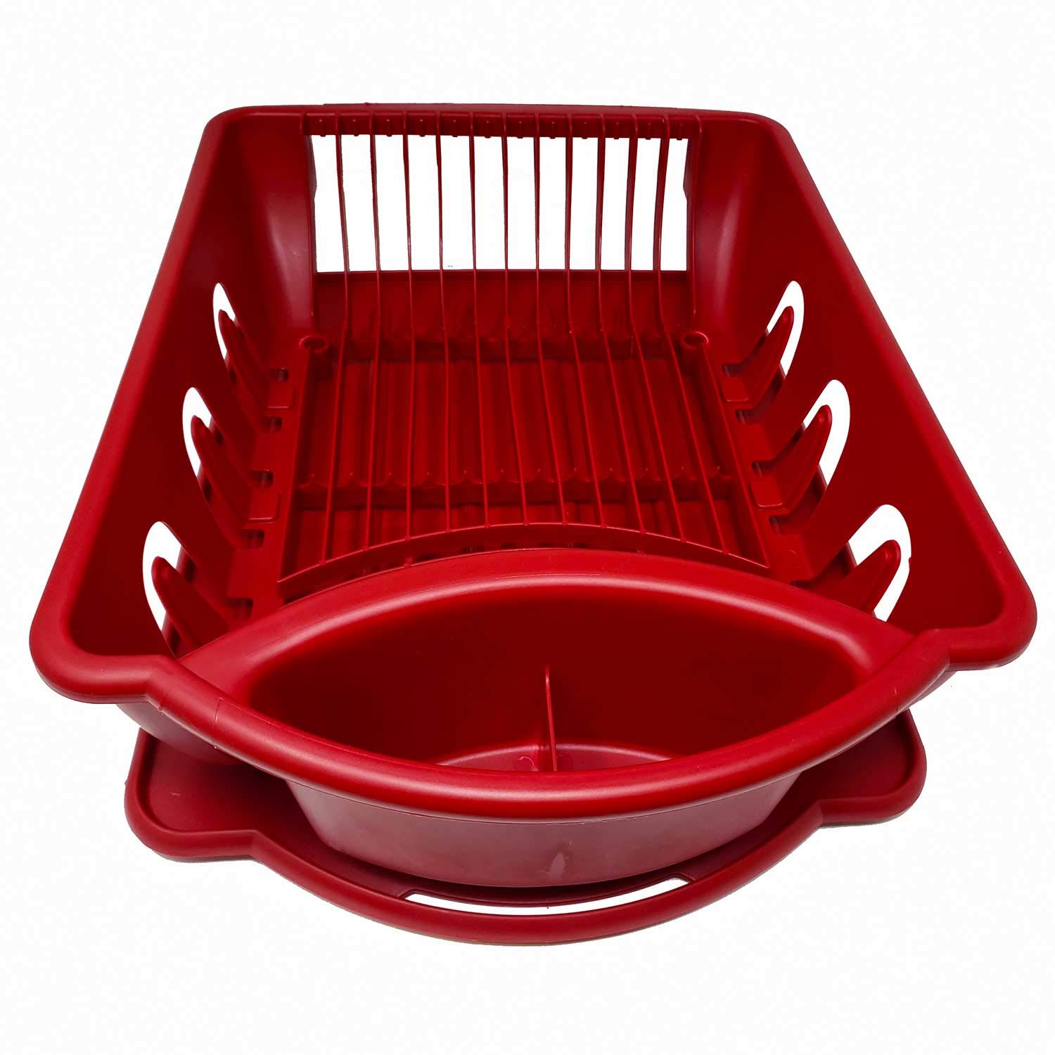 Sturdy Hard Plastic Red Sink Set Dish Rack with Drainer & Drainboard, Easy to Clean with Snap Lock Tab Cup Holders for Home Kitchen Sink Organizer (Red, Medium)
