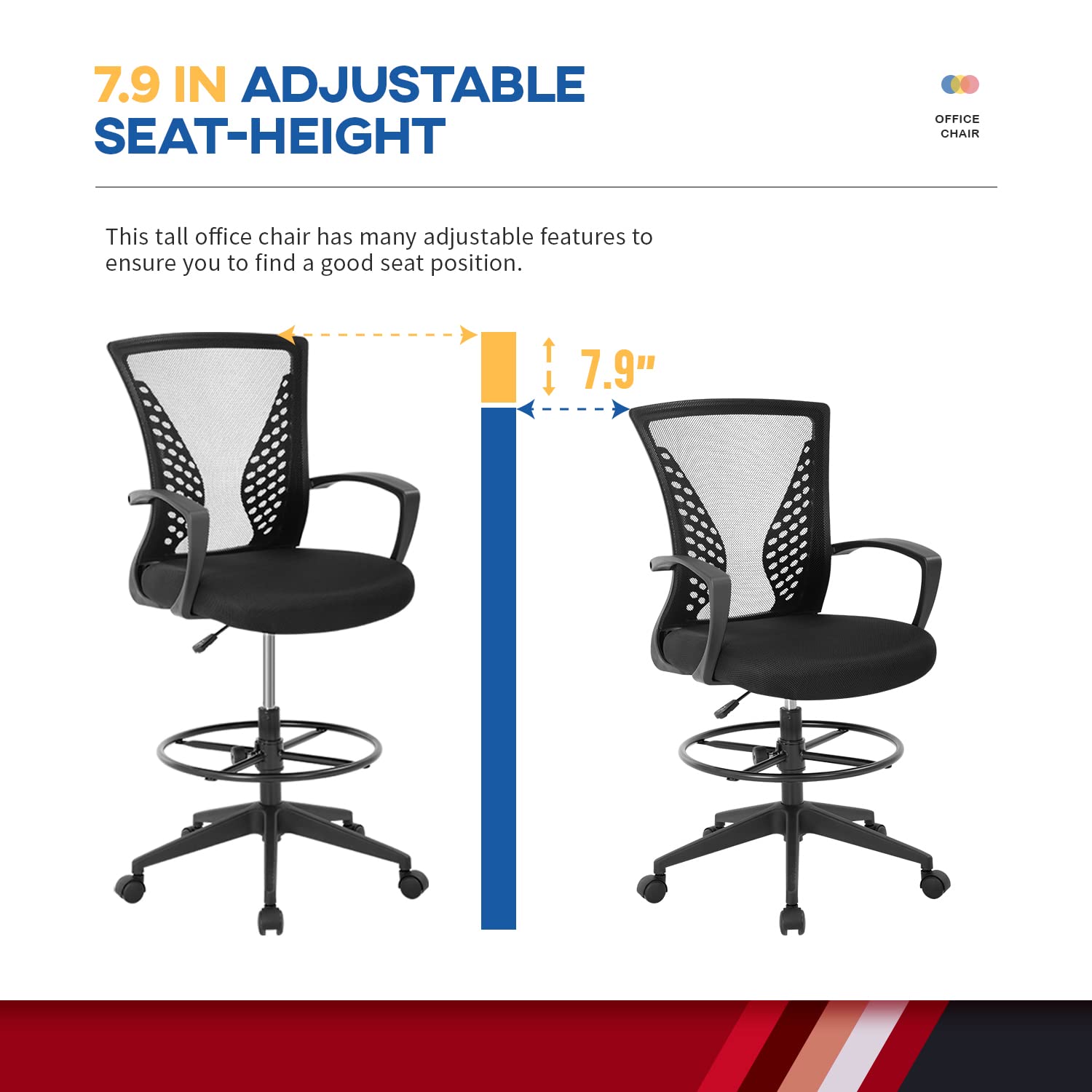 FDW Drafting Chair Tall Office Chair Ergonomic Office Chairs Adjustable Height Rolling Swivel Computer Task Chair Mesh Desk Chair with Arms Foot Rest Back Support (Black)