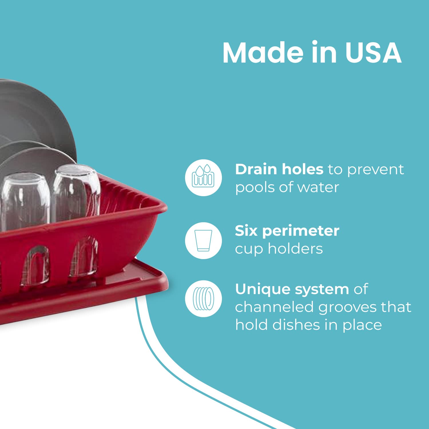 Sturdy Hard Plastic Red Sink Set Dish Rack with Drainer & Drainboard, Easy to Clean with Snap Lock Tab Cup Holders for Home Kitchen Sink Organizer (Red, Medium)