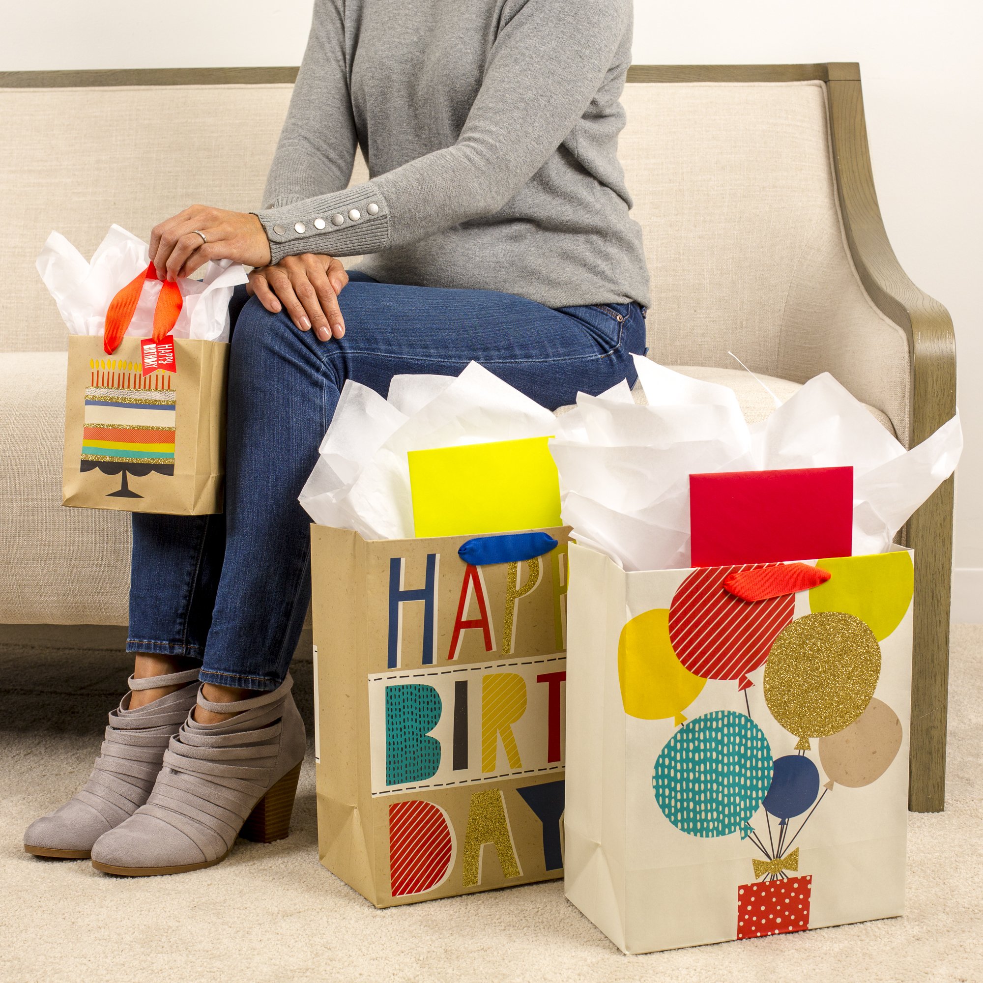Hallmark Birthday Gift Bag Assortment (Pack of 3: 2 Large 13", 1 Small 6") White and Kraft, Balloons and Cake