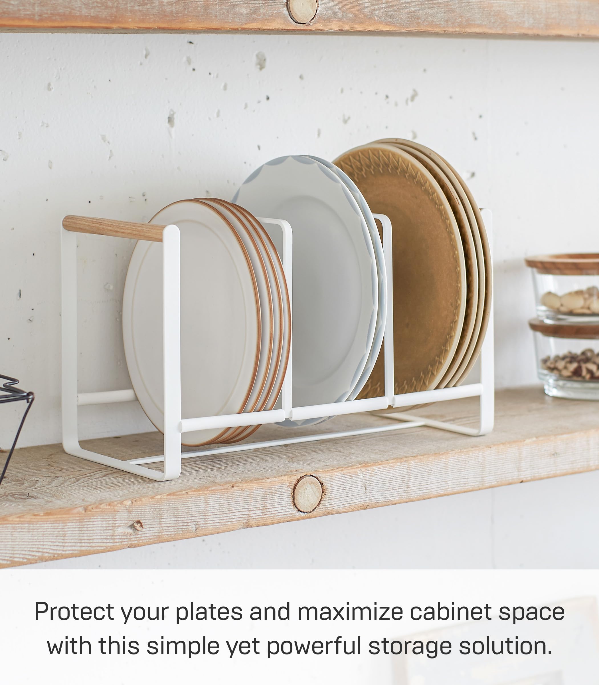 Yamazaki Plate Home Accented Storage Rack-Kitchen Holder Stand | Steel + Wood | Large | Dish Organizer, White