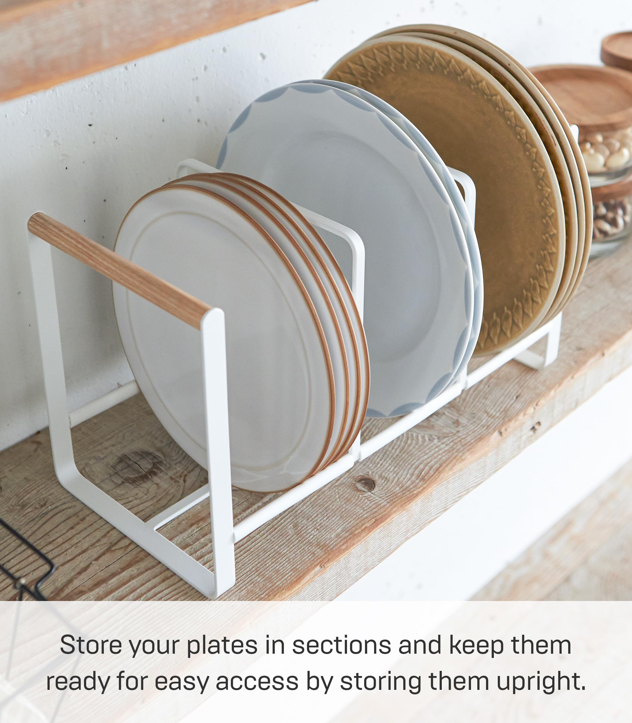 Yamazaki Plate Home Accented Storage Rack-Kitchen Holder Stand | Steel + Wood | Large | Dish Organizer, White