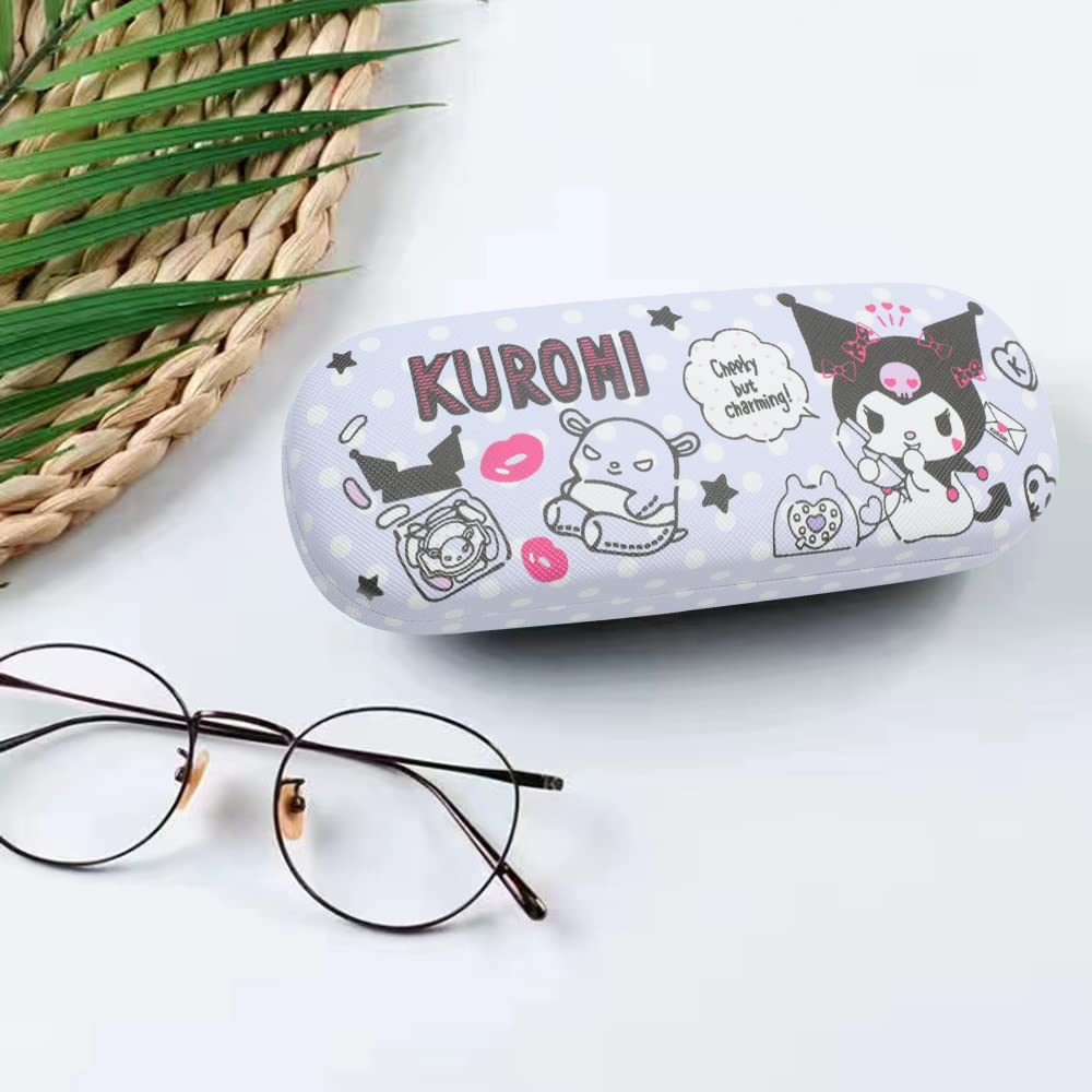 PERFECTSIGHT Hard Shell Eyeglasses Case, PU Leather Protective Glasses Case, Cute Cartoon Surface Eyeglass Case for Women Girls (Blue Kurom)