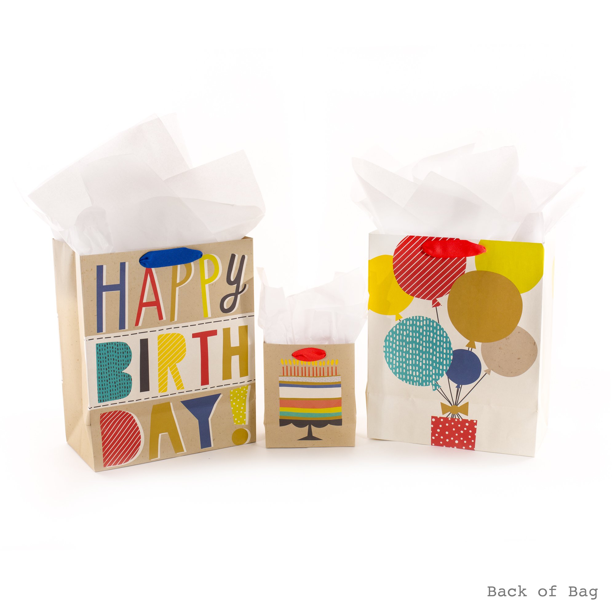 Hallmark Birthday Gift Bag Assortment (Pack of 3: 2 Large 13", 1 Small 6") White and Kraft, Balloons and Cake