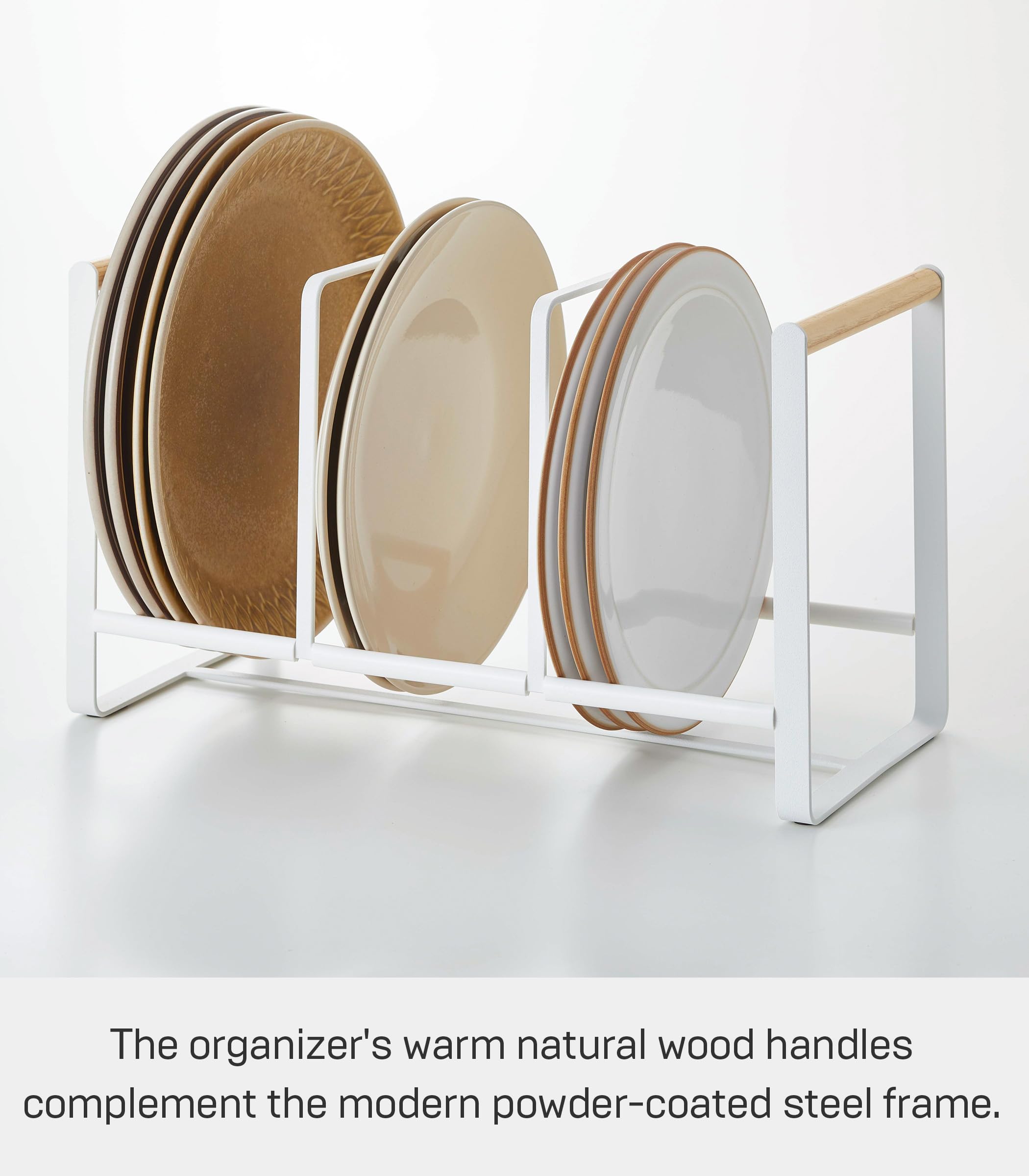 Yamazaki Plate Home Accented Storage Rack-Kitchen Holder Stand | Steel + Wood | Large | Dish Organizer, White