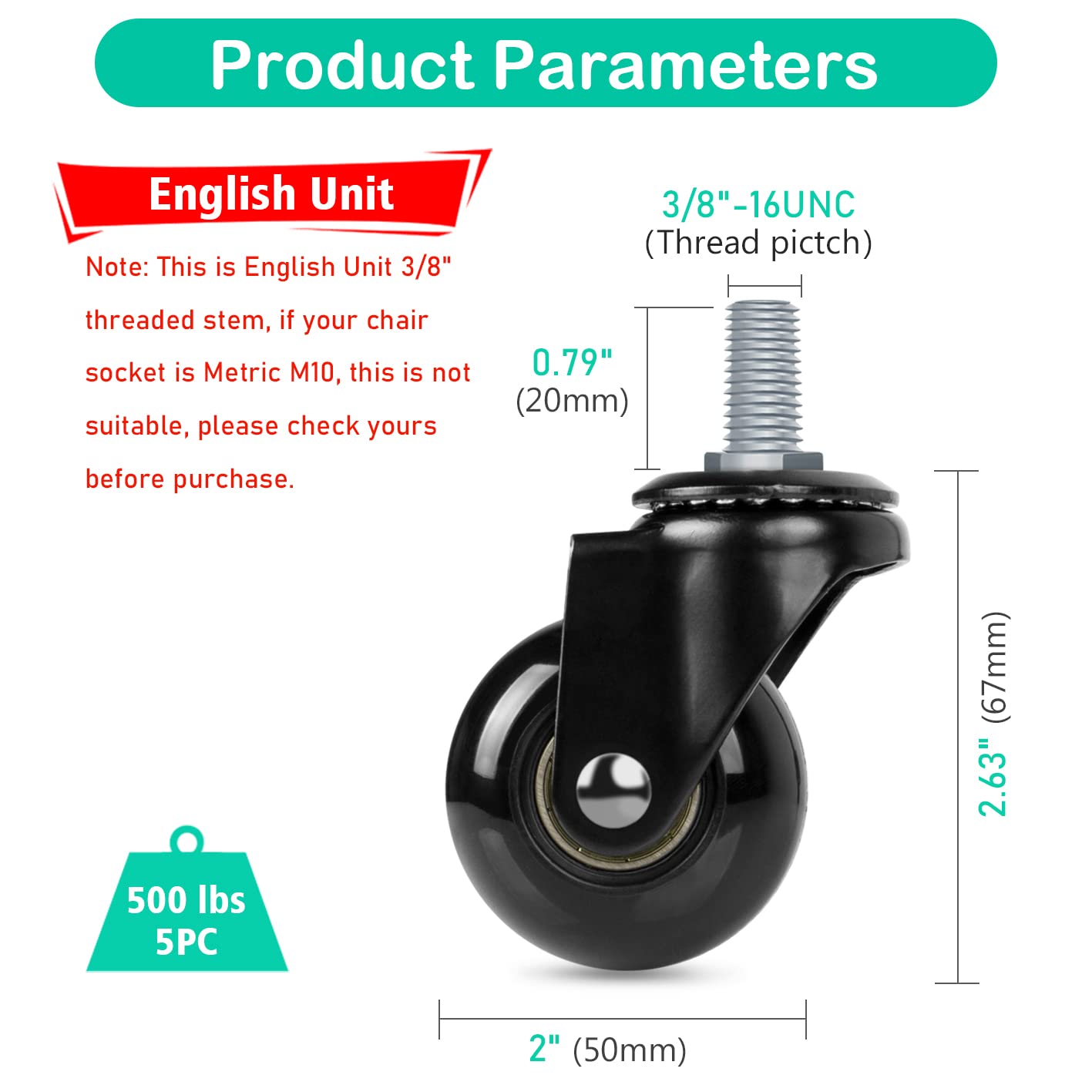 Hirate 5 Pack Office Chair Casters with 3/8"-16UNC Threaded Stem(English Unit), 2" Durable Swivel Stem Gaming Chairs Casters Replacement Smooth Rolling Safe for Hardwood Tile Floors