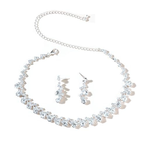 Supra Diamanto Silver Bridal Necklace Earrings Set Bridel Wedding Jewelry Set Rhinestone Choker Necklace for Women (2 piece set) (DTN14026395SZ)