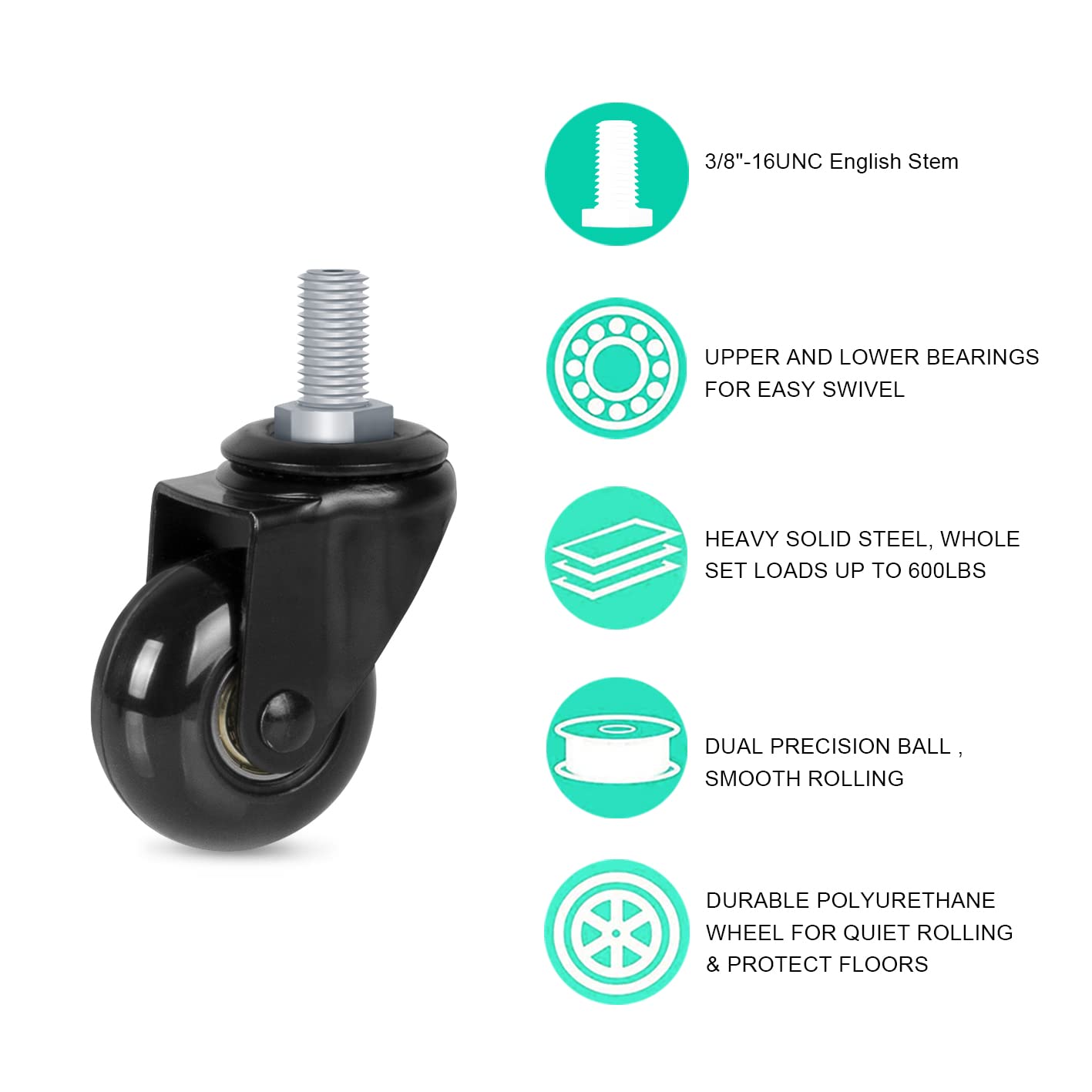 Hirate 5 Pack Office Chair Casters with 3/8"-16UNC Threaded Stem(English Unit), 2" Durable Swivel Stem Gaming Chairs Casters Replacement Smooth Rolling Safe for Hardwood Tile Floors