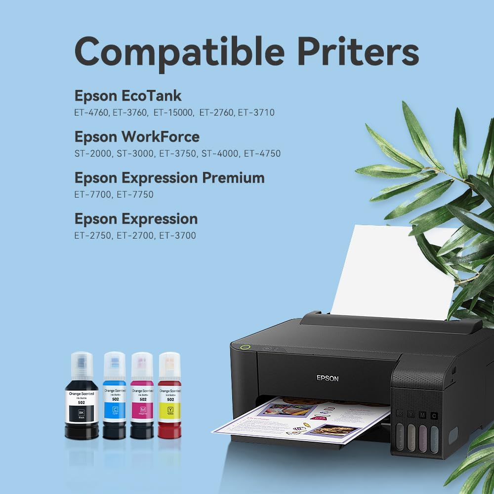 Bwen Orange Scented Ink Refill Bottles Compatible for 502(4-Pack)(BK/C/M/Y) fit for Epson 502 Ink Bottle Replacement fit for ET-2850 ET-3830 ET-3850 ET-2760 ET-3760 ET-15000 (Not OEM Ink)