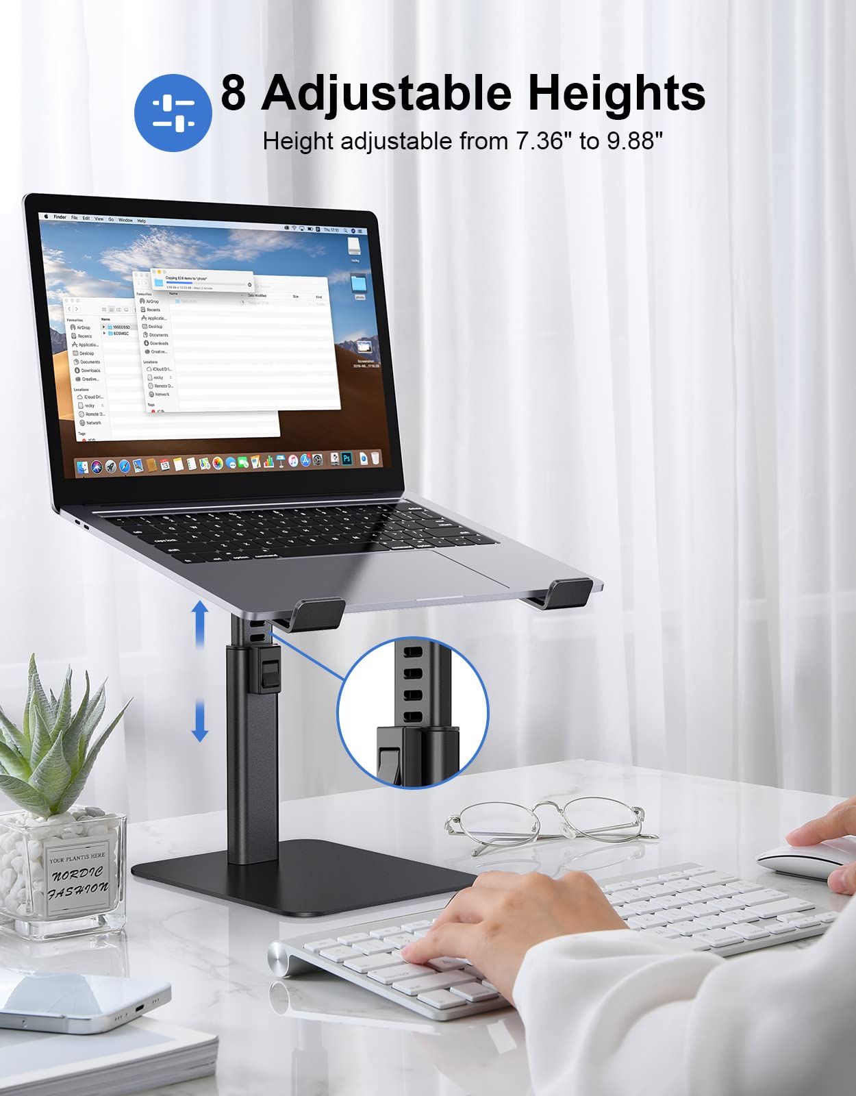 RIWUCT Laptop Stand for Desk, 8 Adjustable Height Aluminum Computer Stand, Ergonomic Laptop Riser Holder Sit to Stand Compatible with MacBook, Air, Pro and More 10"-16" Notebooks - Black