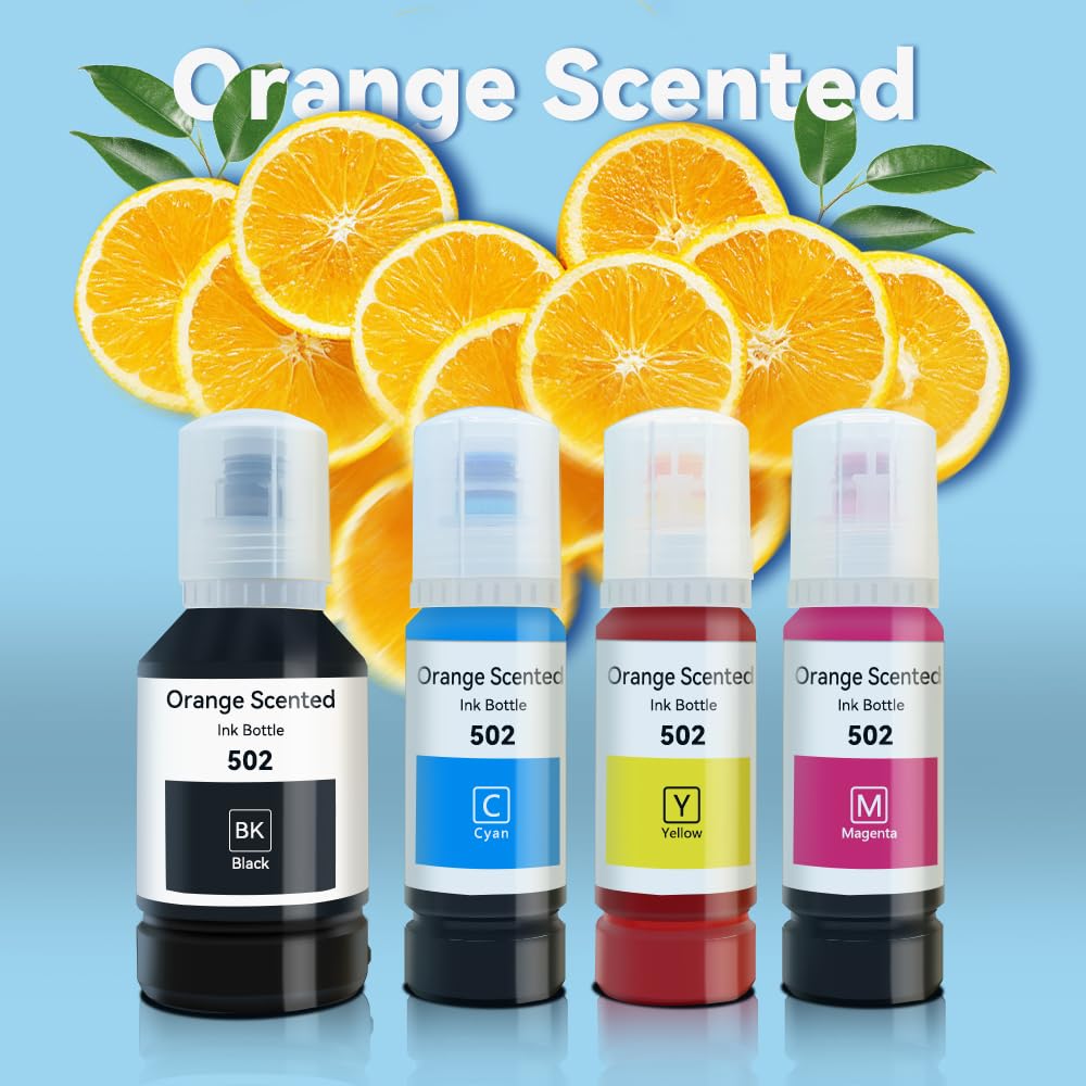 Bwen Orange Scented Ink Refill Bottles Compatible for 502(4-Pack)(BK/C/M/Y) fit for Epson 502 Ink Bottle Replacement fit for ET-2850 ET-3830 ET-3850 ET-2760 ET-3760 ET-15000 (Not OEM Ink)