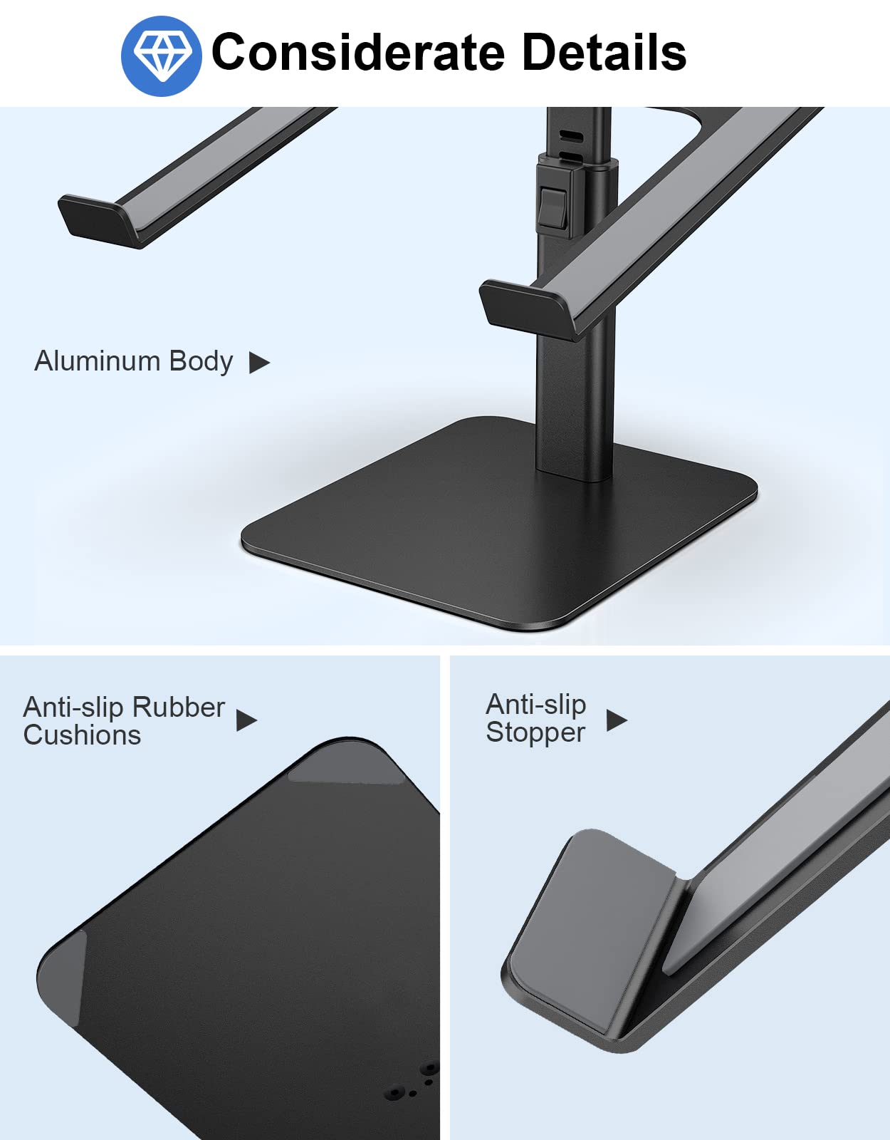 RIWUCT Laptop Stand for Desk, 8 Adjustable Height Aluminum Computer Stand, Ergonomic Laptop Riser Holder Sit to Stand Compatible with MacBook, Air, Pro and More 10"-16" Notebooks - Black