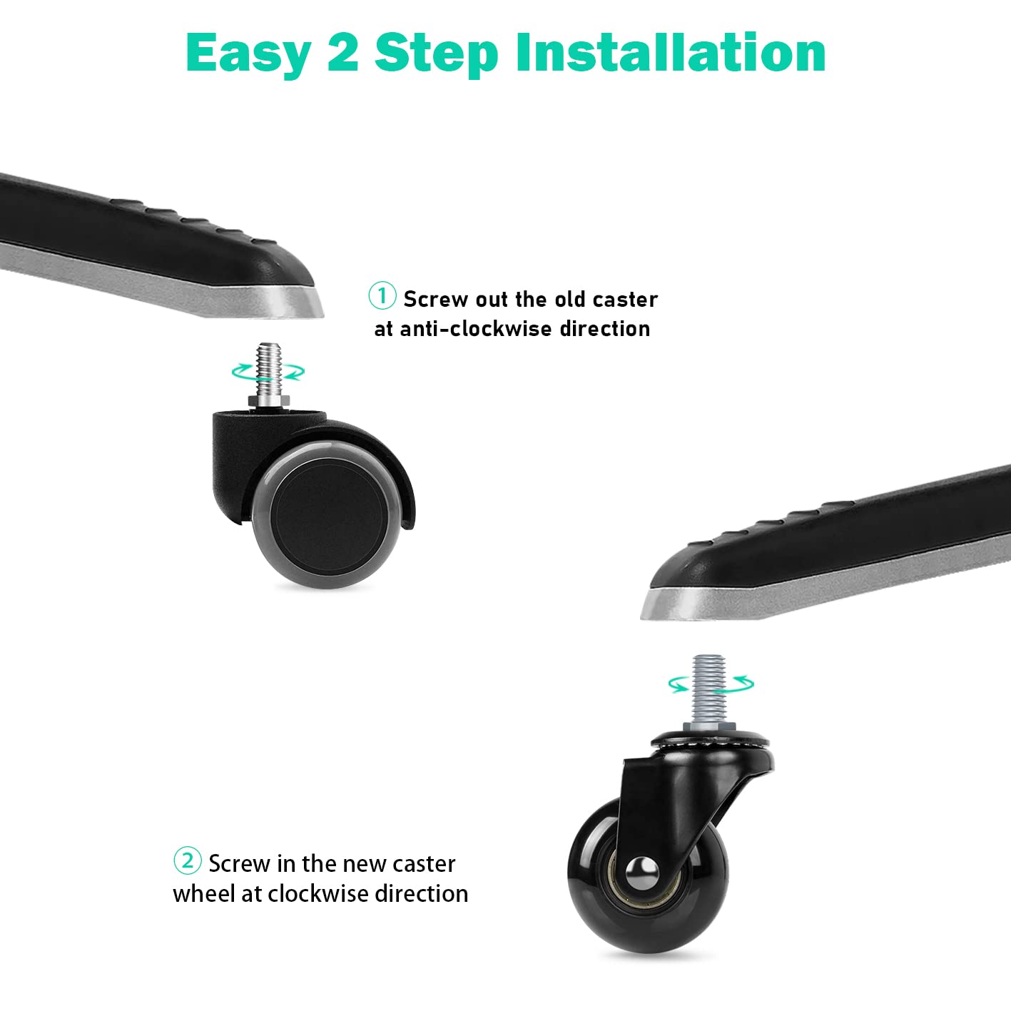 Hirate 5 Pack Office Chair Casters with 3/8"-16UNC Threaded Stem(English Unit), 2" Durable Swivel Stem Gaming Chairs Casters Replacement Smooth Rolling Safe for Hardwood Tile Floors