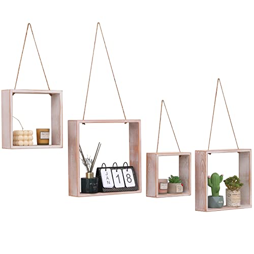 Square Farmhouse Easter Washedwhite Floating Shelves,Wall Mounted Cube Display Shelf Shadow Boxes,Large Wooden Wall Organizer Hanging Shelf,Home Boho Wall Decorations for Living Room Bedroom,Set of 4
