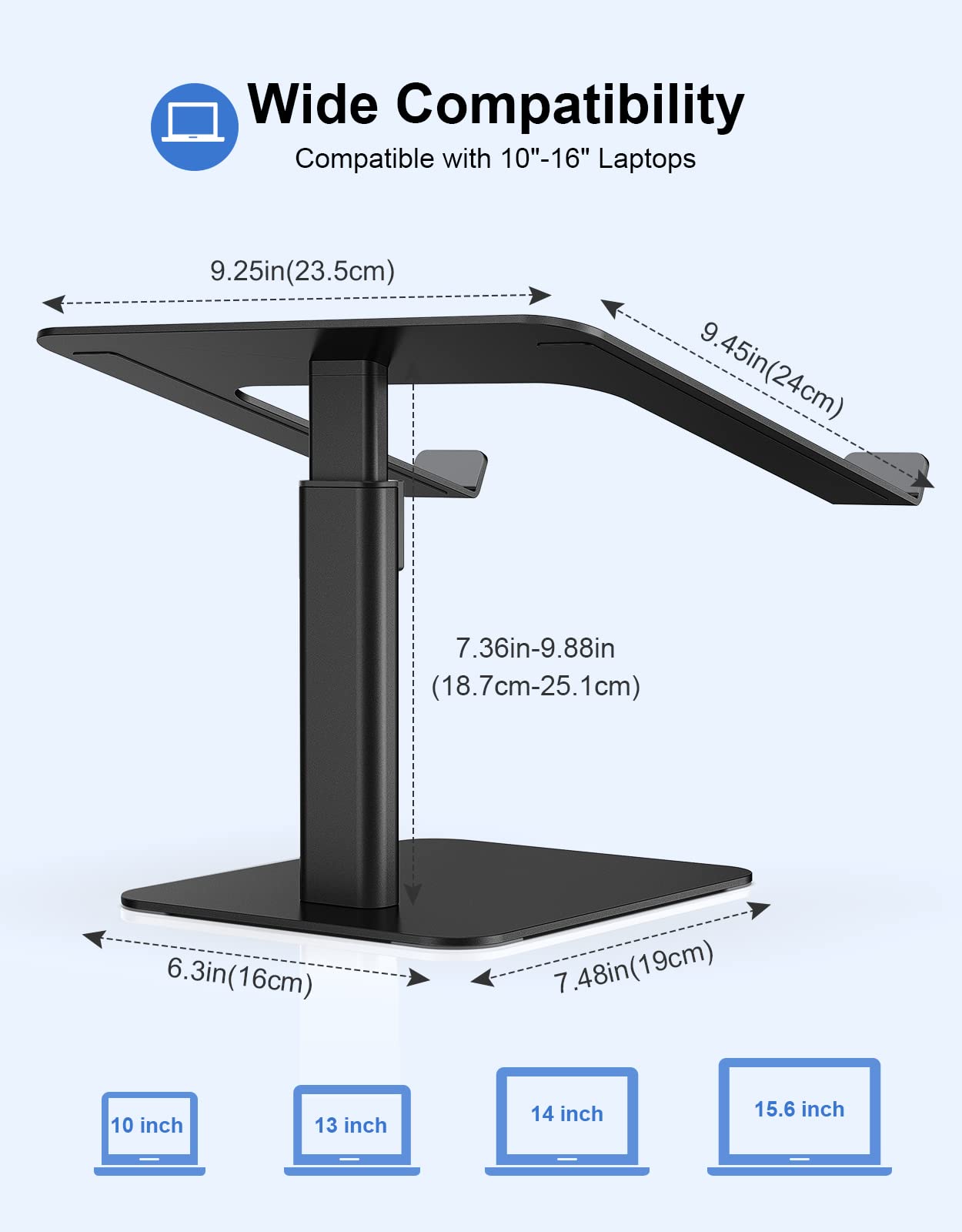 RIWUCT Laptop Stand for Desk, 8 Adjustable Height Aluminum Computer Stand, Ergonomic Laptop Riser Holder Sit to Stand Compatible with MacBook, Air, Pro and More 10"-16" Notebooks - Black