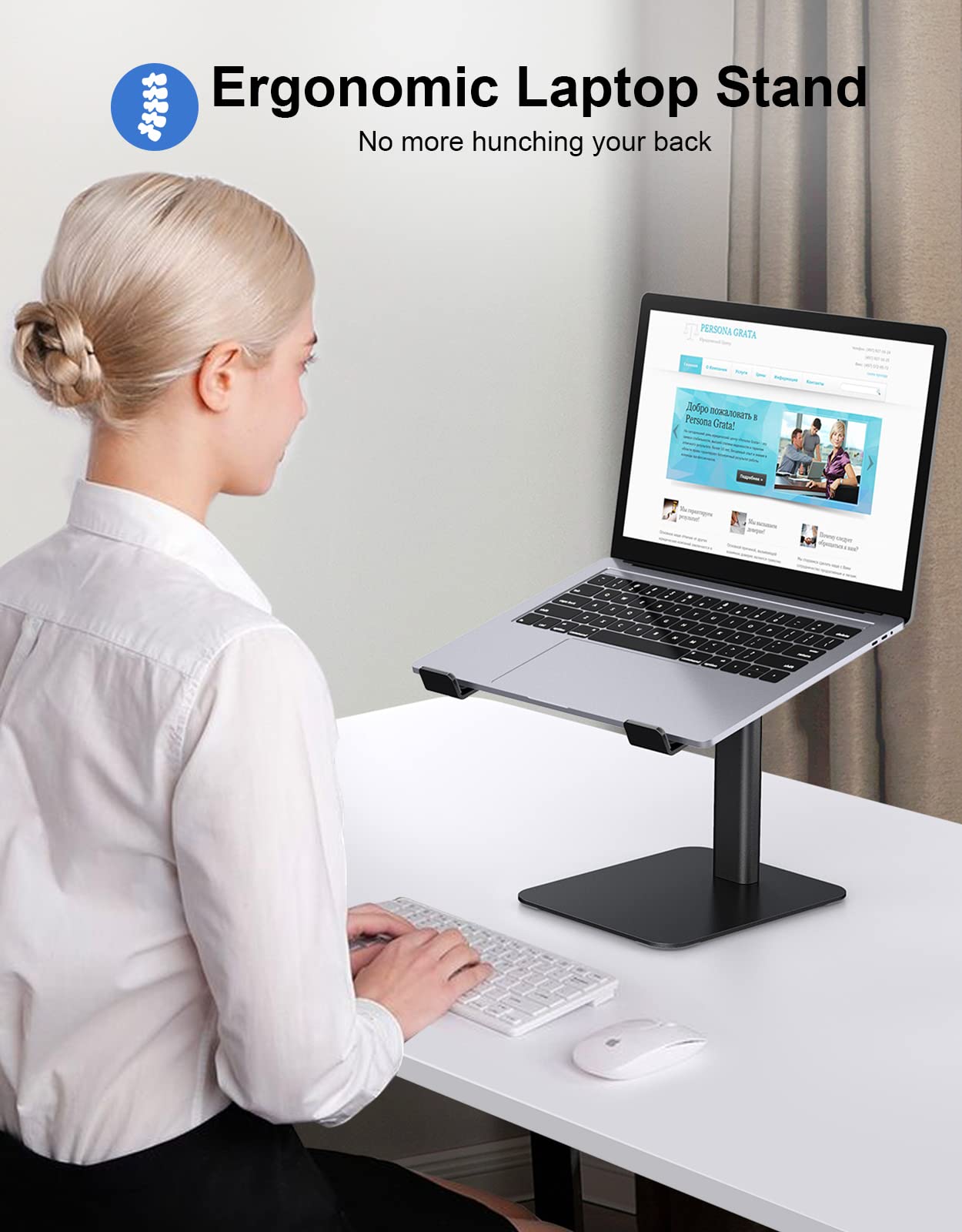 RIWUCT Laptop Stand for Desk, 8 Adjustable Height Aluminum Computer Stand, Ergonomic Laptop Riser Holder Sit to Stand Compatible with MacBook, Air, Pro and More 10"-16" Notebooks - Black