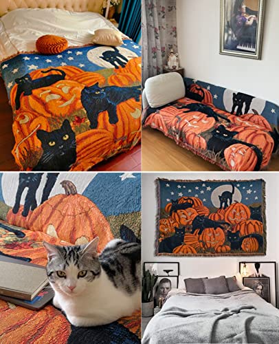 CUEERBOT Throw Blanket for Couch,Indie Room Decor Black Cat and Halloween Pumpkin Cotton Blanket (Orange, Large 63X87 Inches)