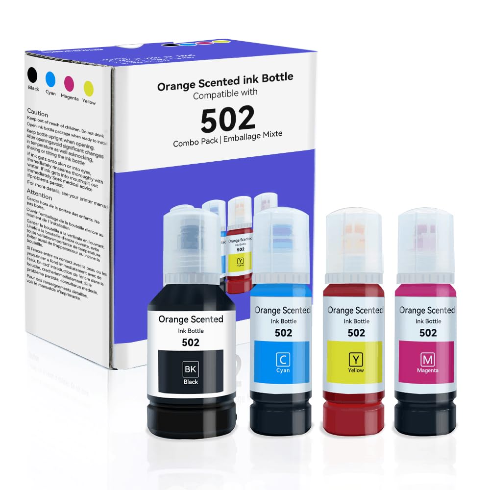 Bwen Orange Scented Ink Refill Bottles Compatible for 502ļ¼4-Packļ¼(BK/C/M/Y) fit for Epson 502 Ink Bottle Replacement fit for ET-2850 ET-3830 ET-3850 ET-2760 ET-3760 ET-15000 (Not OEM Ink)