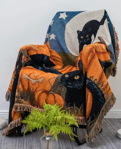 CUEERBOT Throw Blanket for Couch,Indie Room Decor Black Cat and Halloween Pumpkin Cotton Blanket (Orange, Large 63X87 Inches)